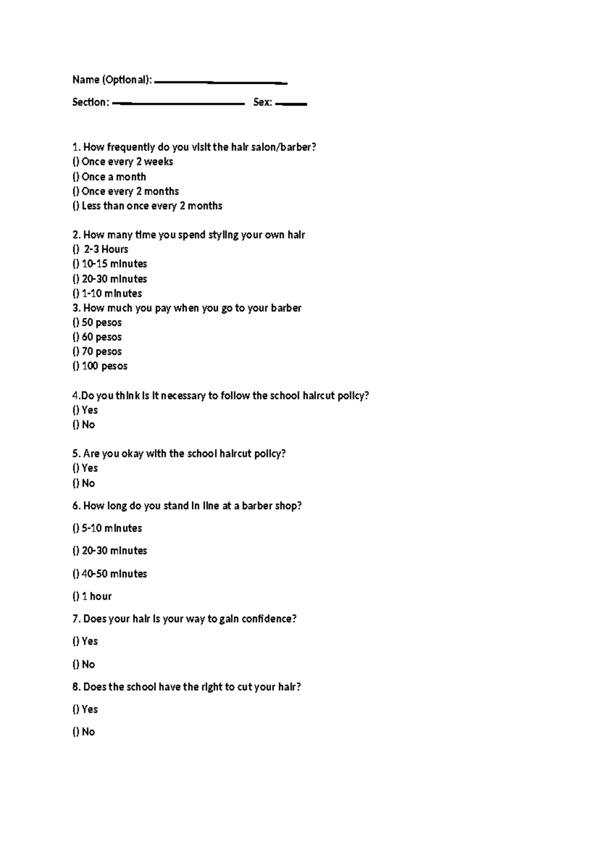 Questionnaire - Questions - Name (Optional): Section: Sex: How ...