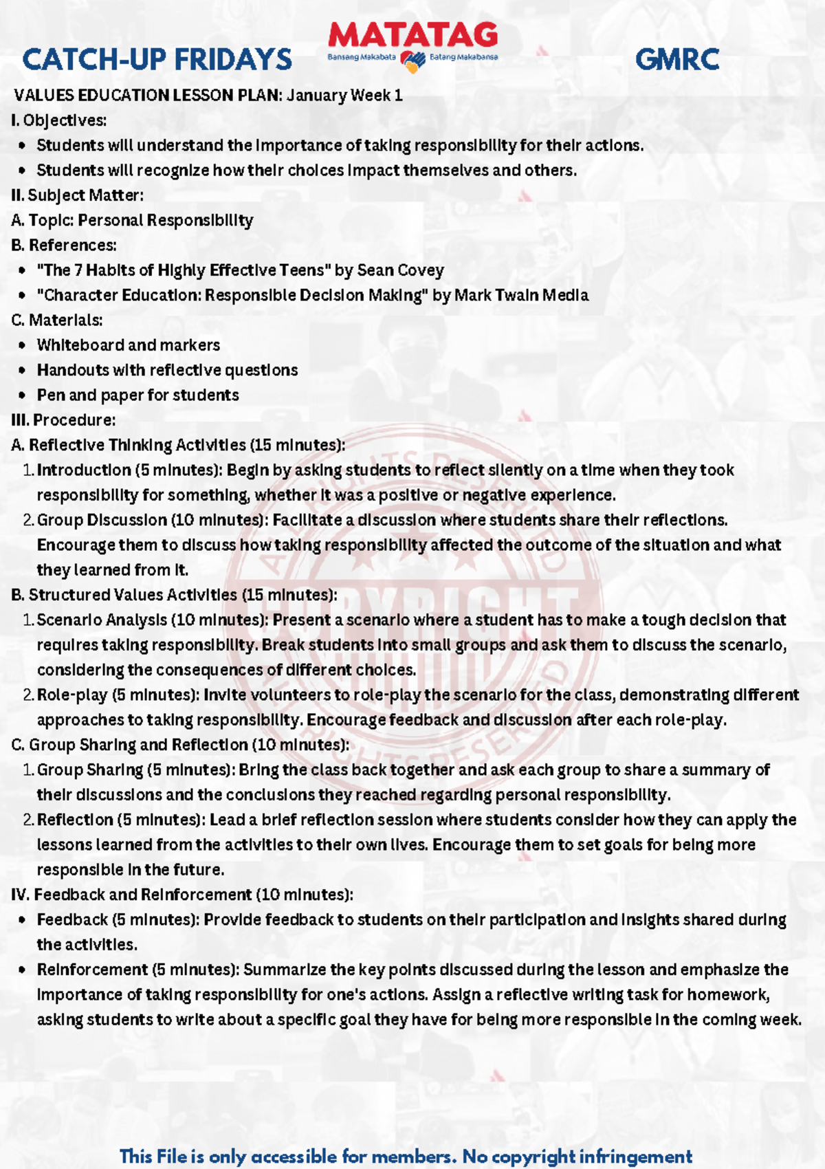 GMRC AND Values Education Grade 12 - VALUES EDUCATION LESSON PLAN ...