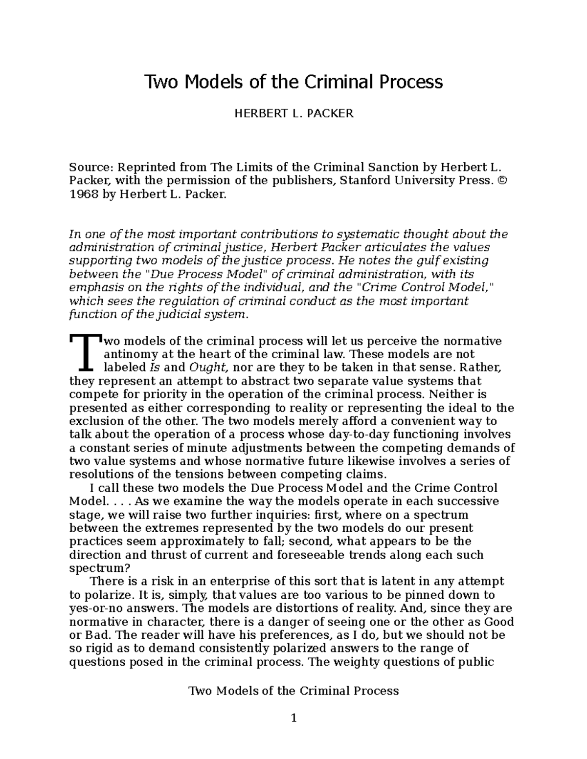 Packer - Two Models of the Criminal Process - Two Models of the Criminal Process HERBERT L ...