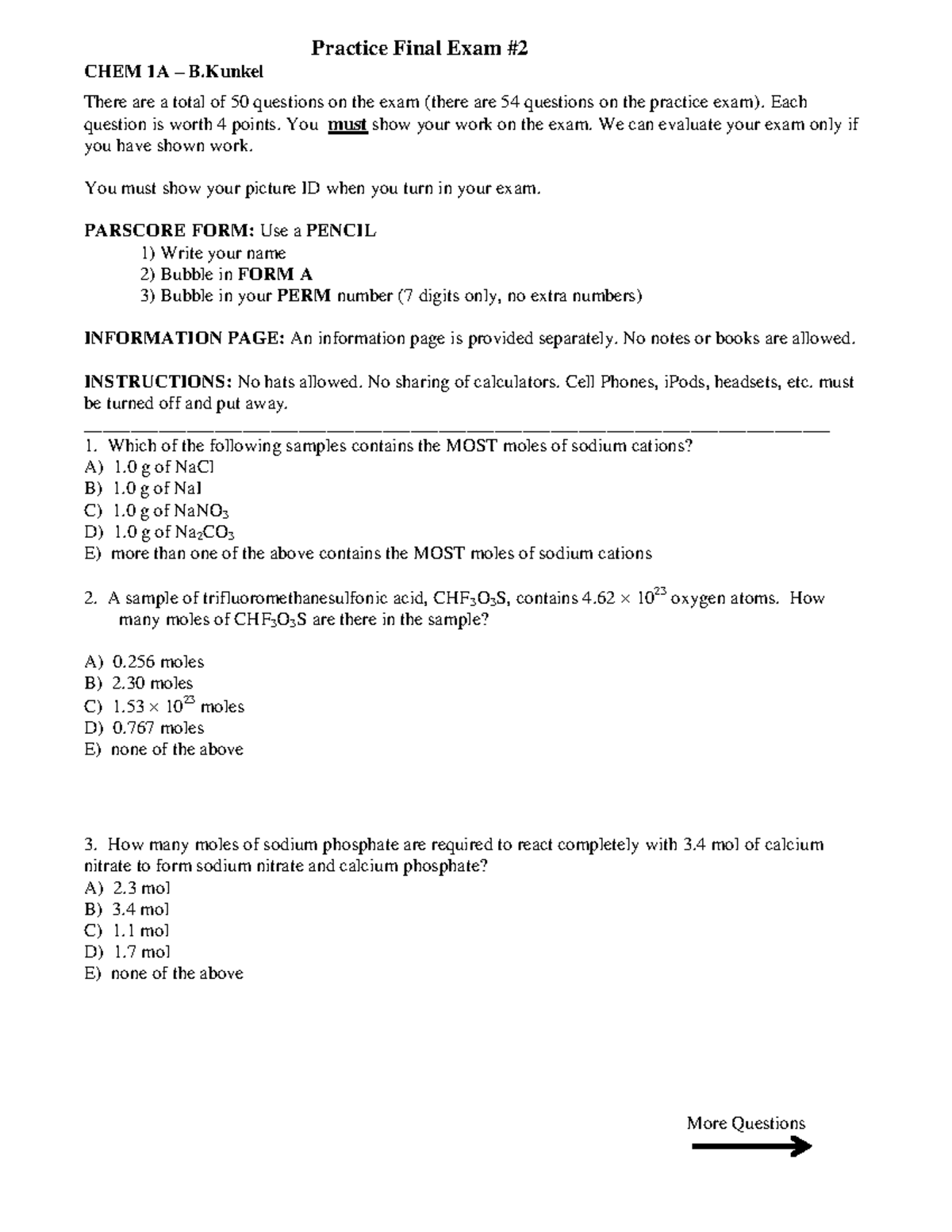 Chem 1A Final Example Practice (2) - CHEM 1A – B There are a total of ...