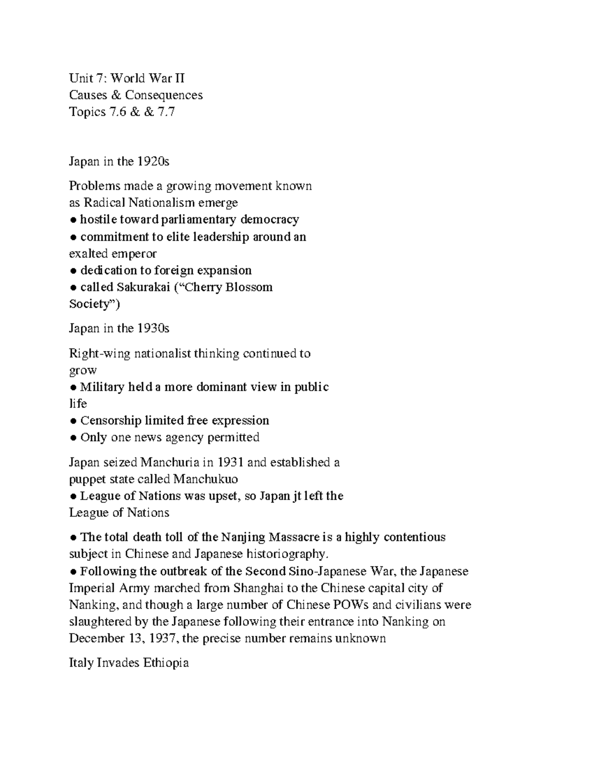 Unit 7 World War IICauses & Consequences Topics 7 - Unit 7: World War ...