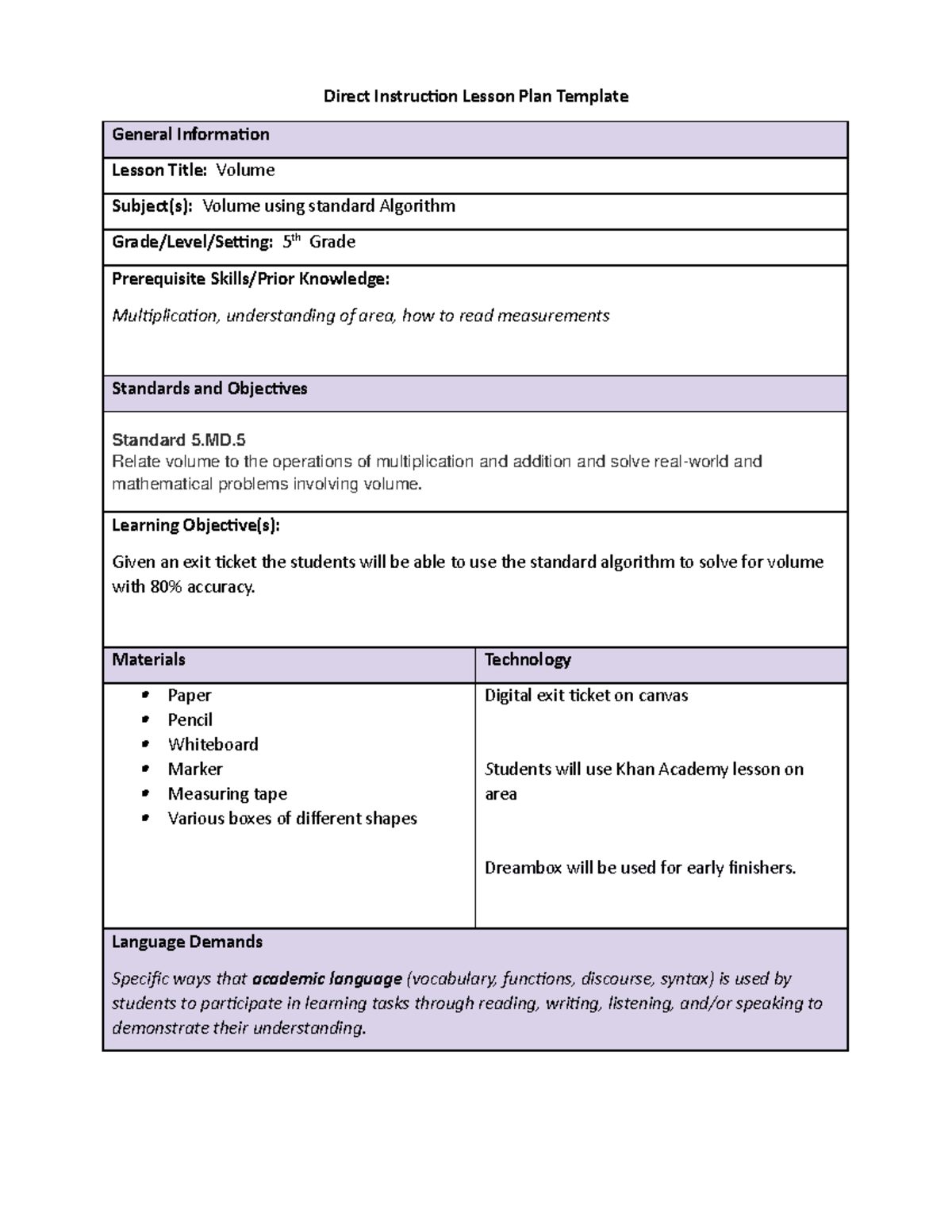 Geometry Task 2 Lesson Plan - Direct Instruction Lesson Plan Template ...