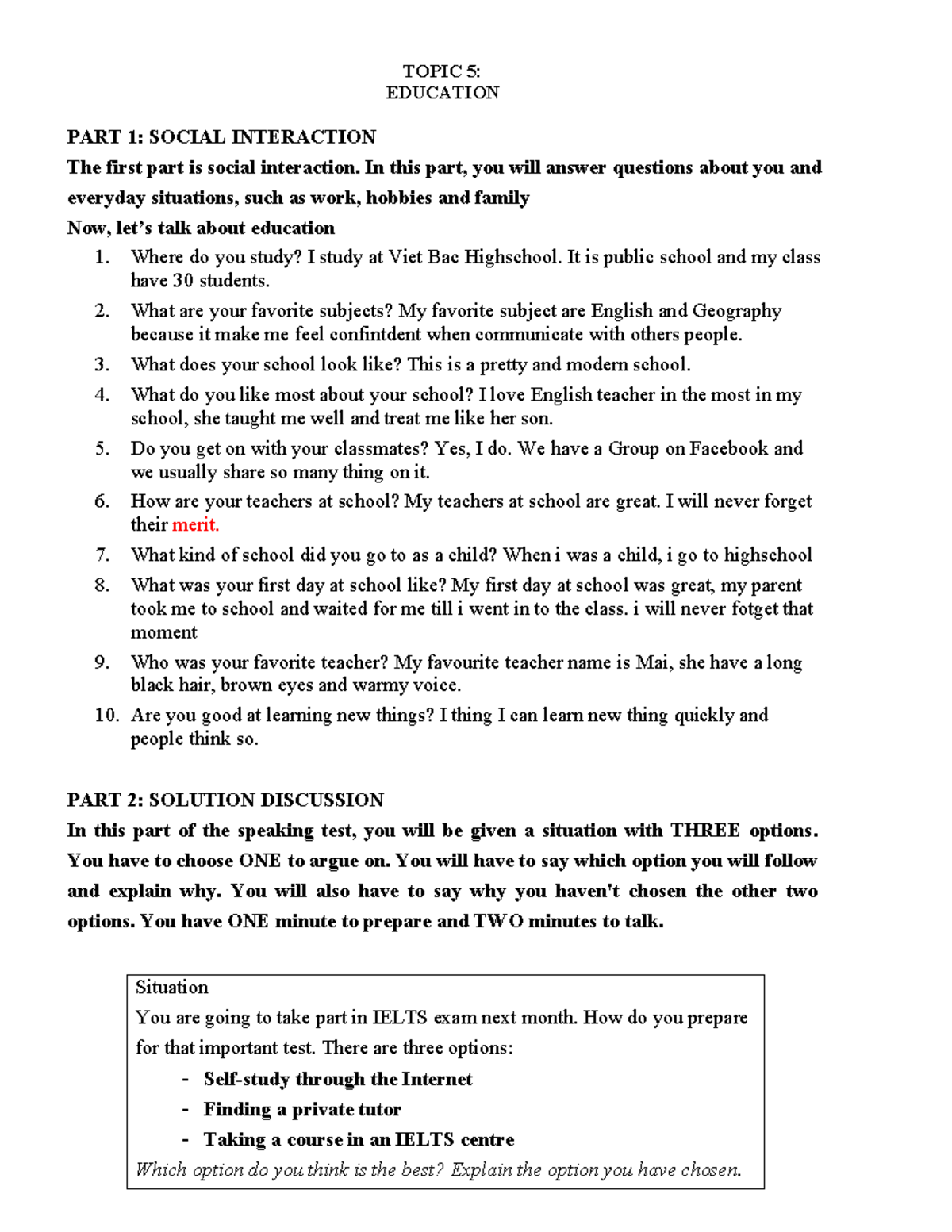 Speaking Topic 5 - Education - TOPIC 5: EDUCATION PART 1: SOCIAL ...