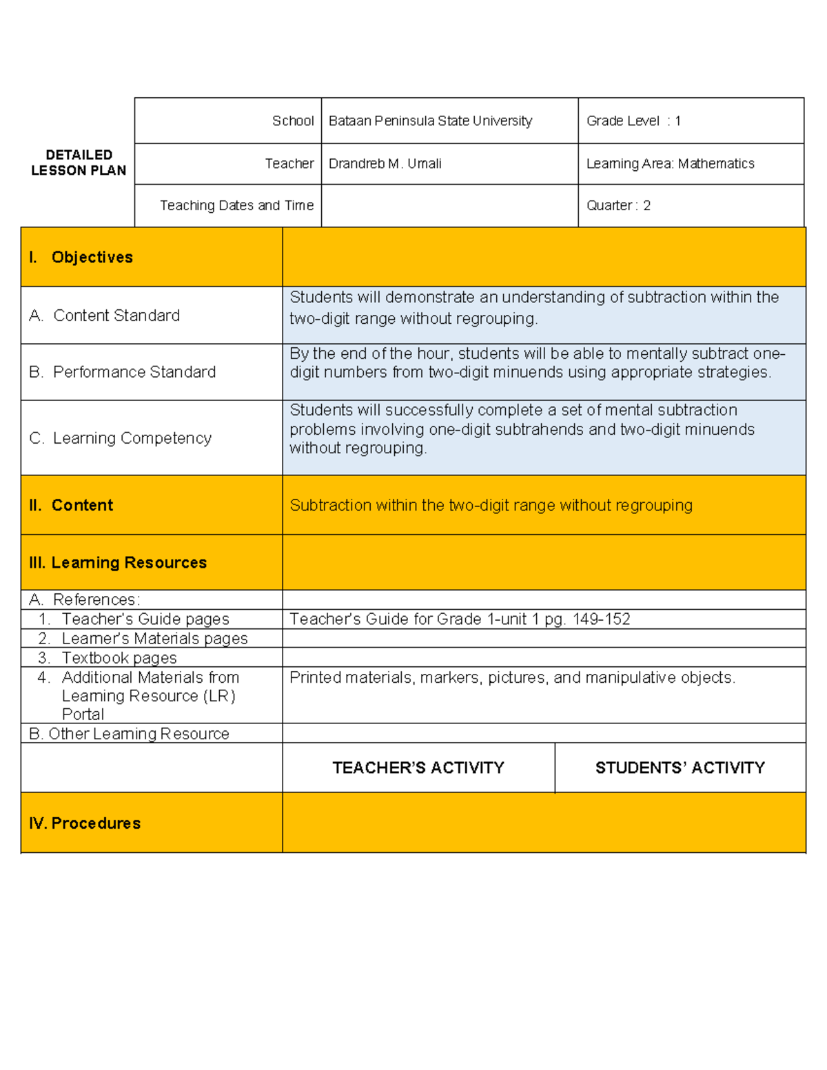 Detailed Lesson PLAN - DETAILED LESSON PLAN School Bataan Peninsula ...