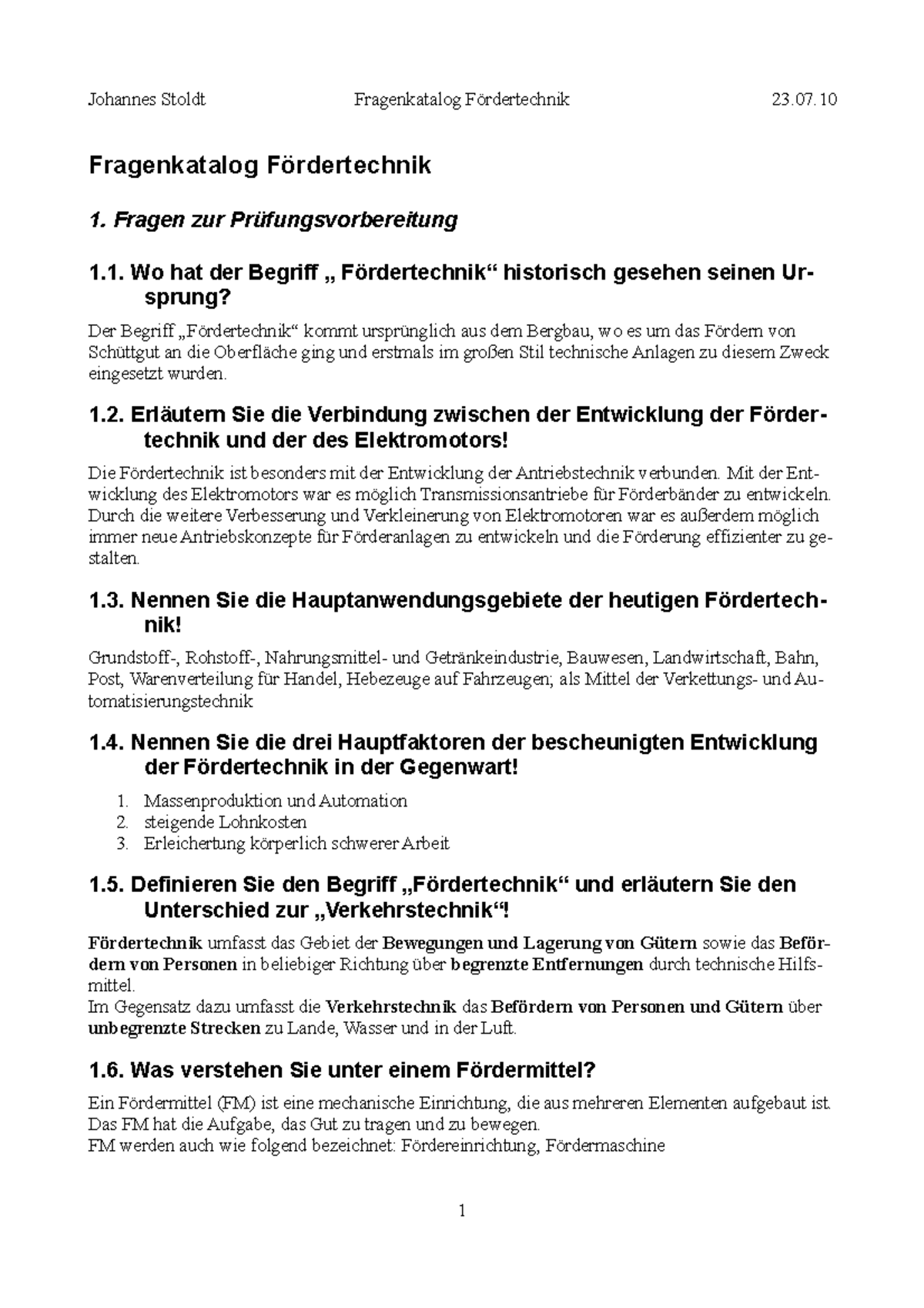 Probeklausur Juli Sommersemester 2010, Fragen und Antworten - Fragenkatalog Fördertechnik 1 ...