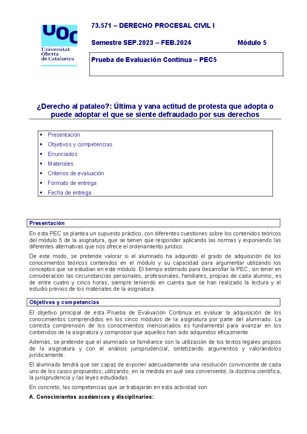 PEC 5 - 73 – DERECHO PROCESAL CIVIL I Semestre SEP – FEB Módulo 5 Prueba de Evaluación Continua ...