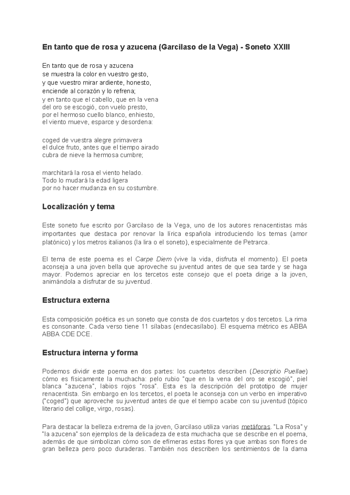 1. Garcilaso. En tanto que de rosa y azucena (Soneto Xxiii) 1 - En ...