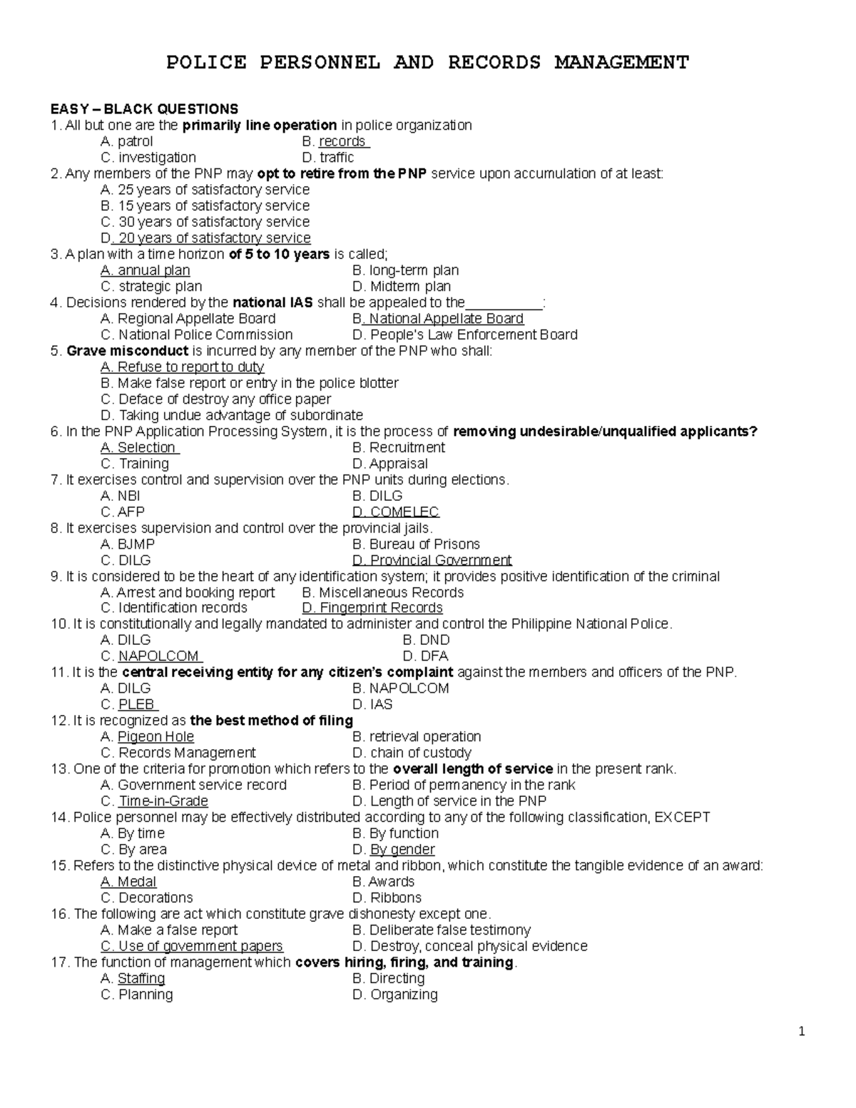 12 Police personnel records K - EASY – BLACK QUESTIONS All but one are ...