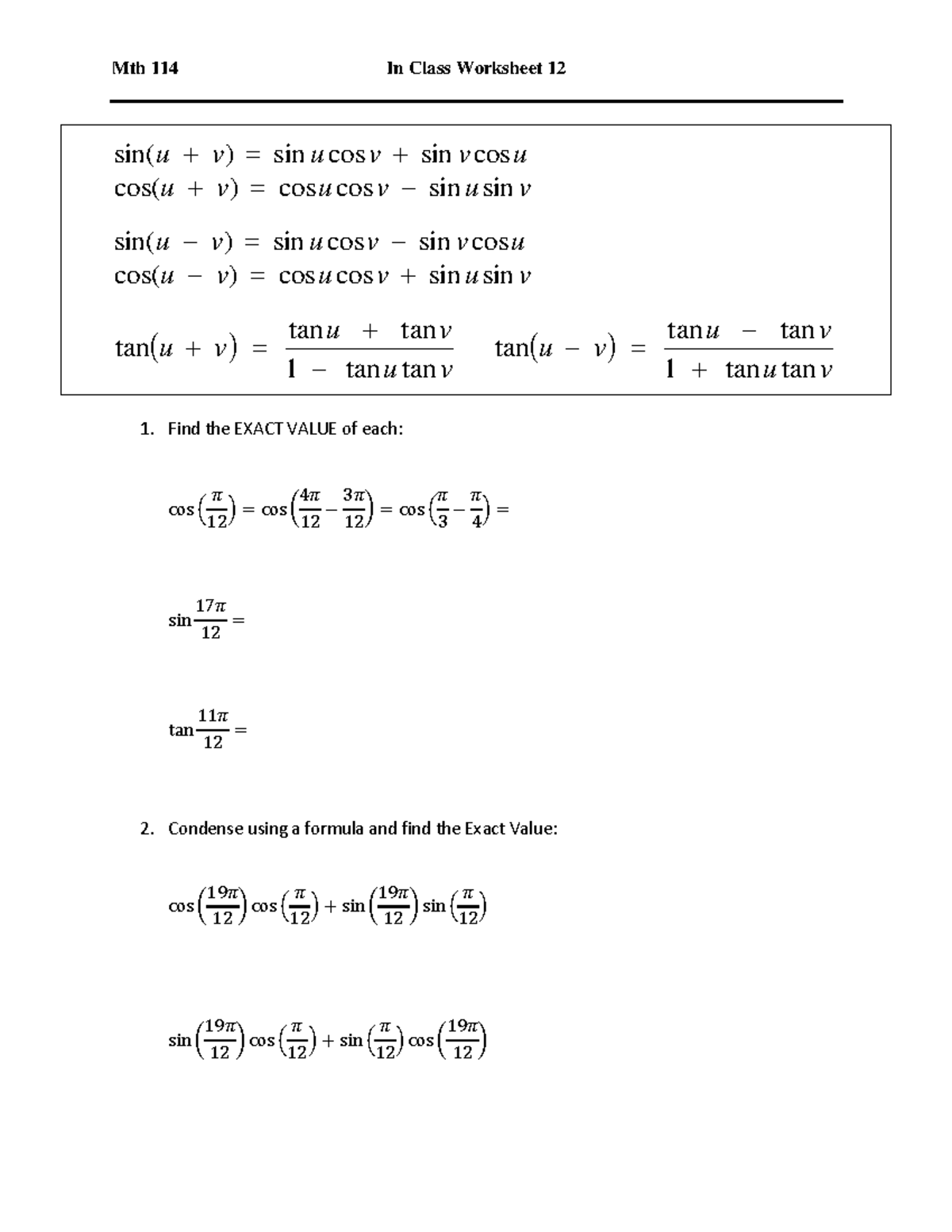 Worksheet 12 - good practice problems for each unit, good to practice ...