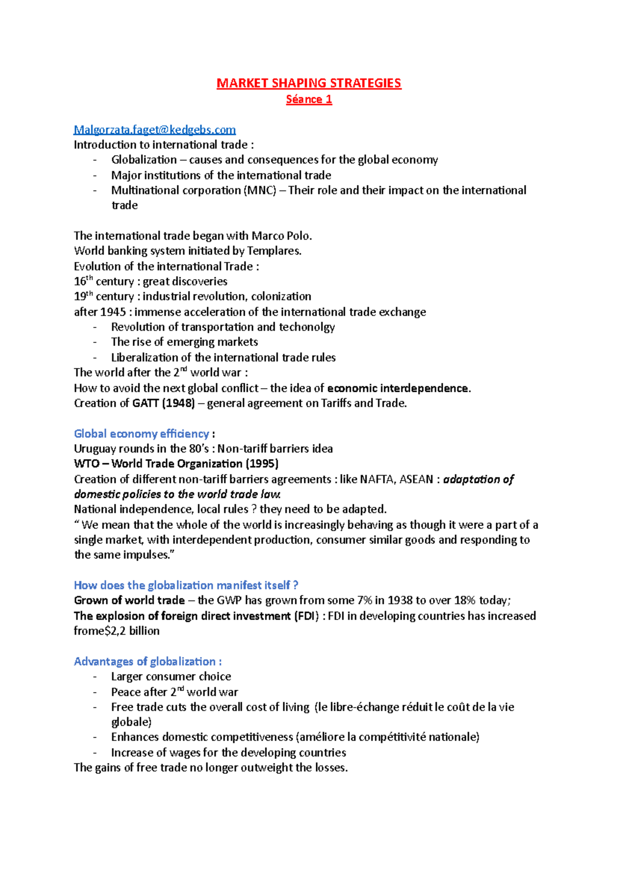 Cours complet - MARKET SHAPING STRATEGIES Séance 1 Malgorzata@kedgebs ...