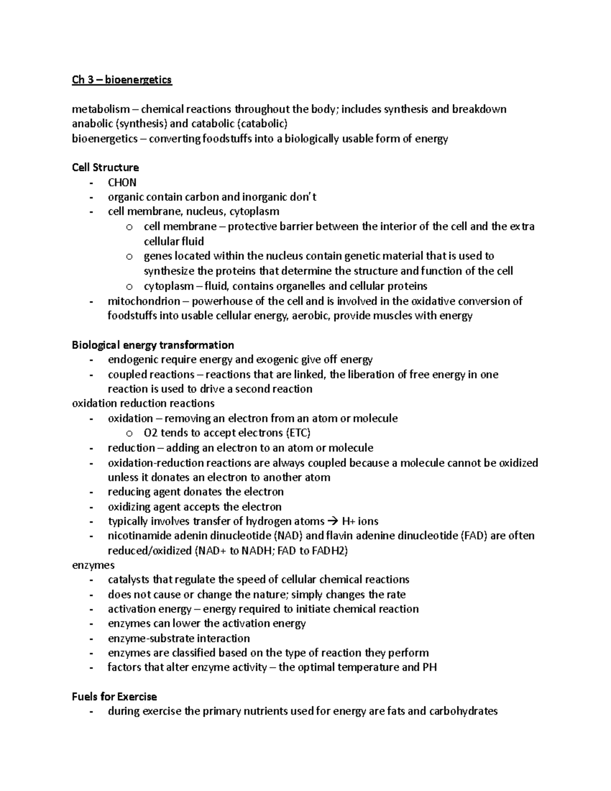 chapter 3 book notes - Ch 3 – bioenergetics metabolism – chemical ...
