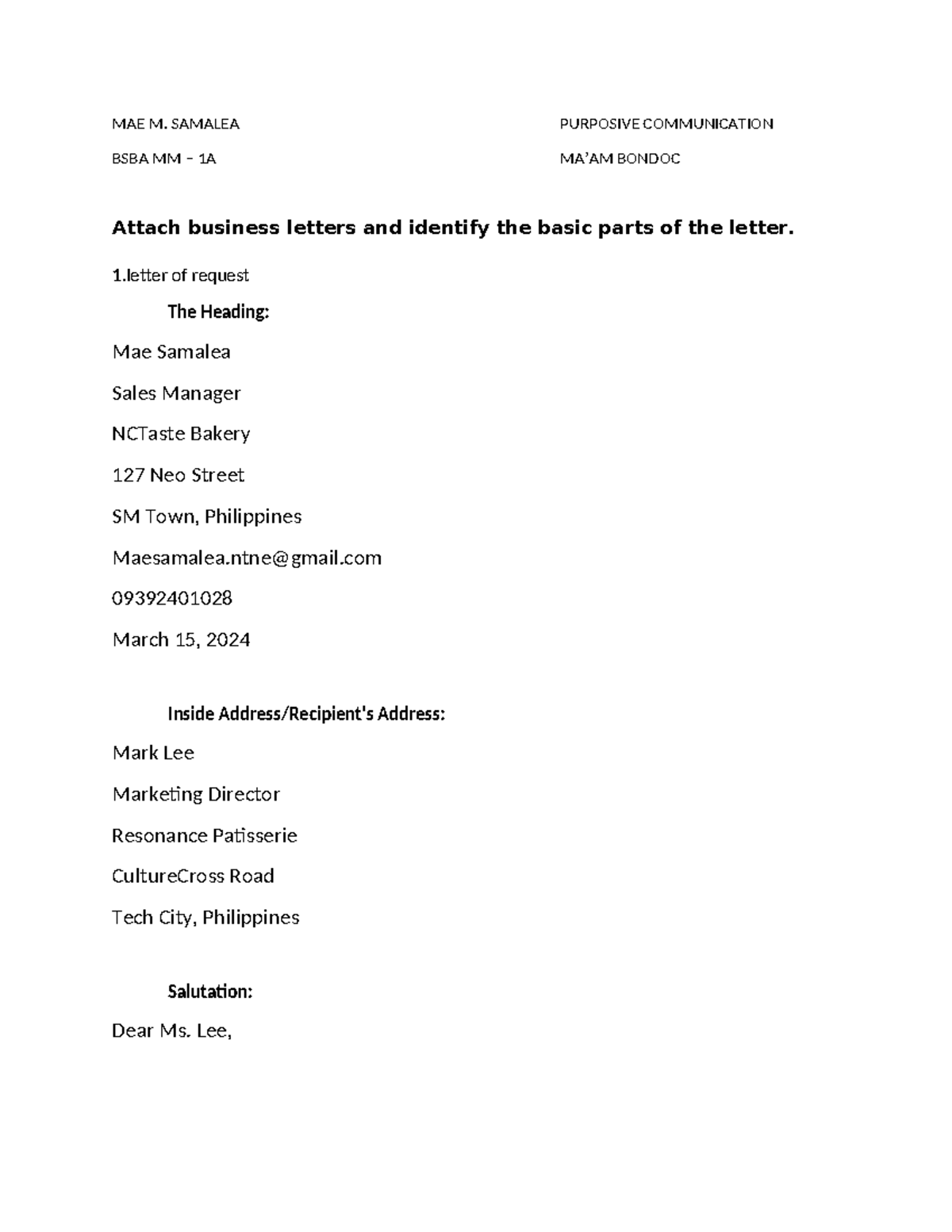 Business Letter - MAE M. SAMALEA PURPOSIVE COMMUNICATION BSBA MM – 1A ...