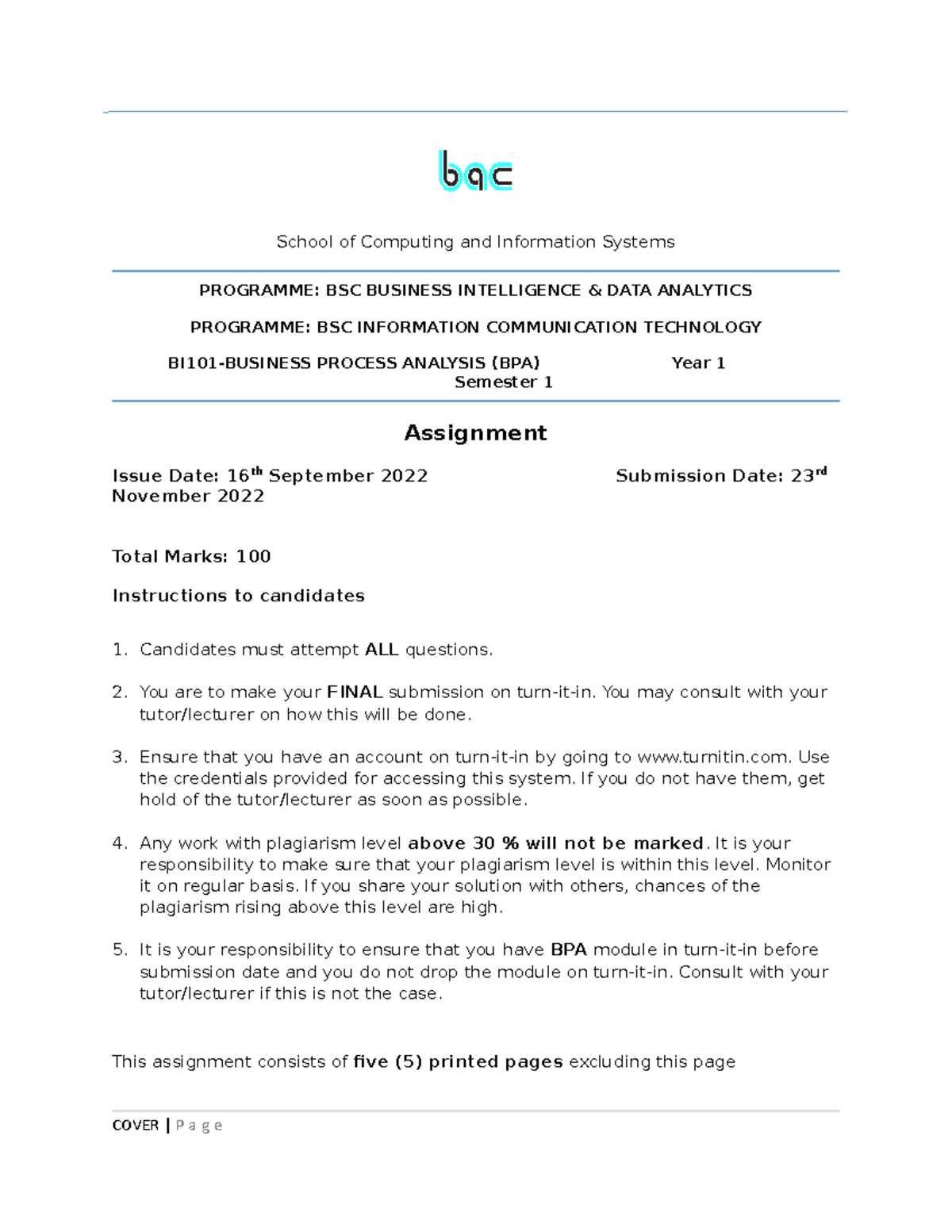 Cis112 Bpa Assignment 2022 School Of Computing And Information Systems Programme Bsc Business