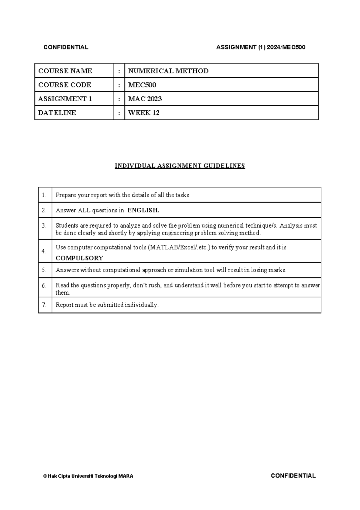 Question Assignment 1 MEC500 - COURSE NAME : NUMERICAL METHOD COURSE ...