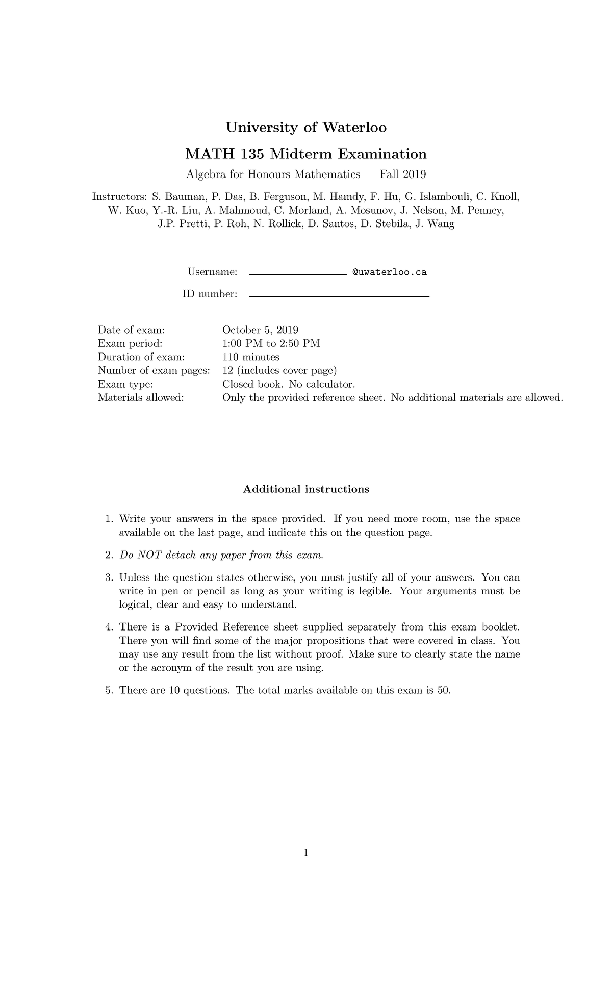 2019 Fall Midterm Question - University of Waterloo MATH 135 Midterm ...