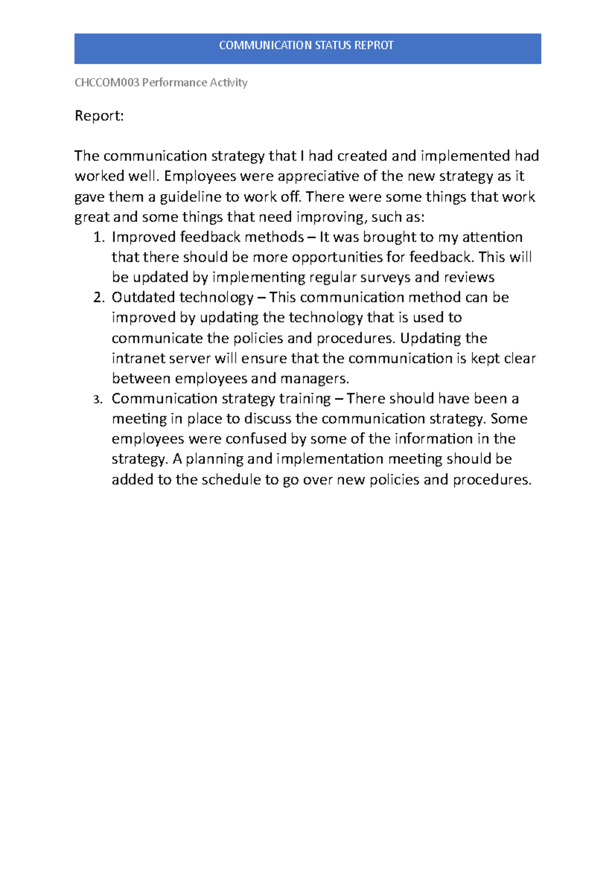 Chccom 003 PA - Report - Assistance with performance activity assignment - CHCCOM003 Performance ...