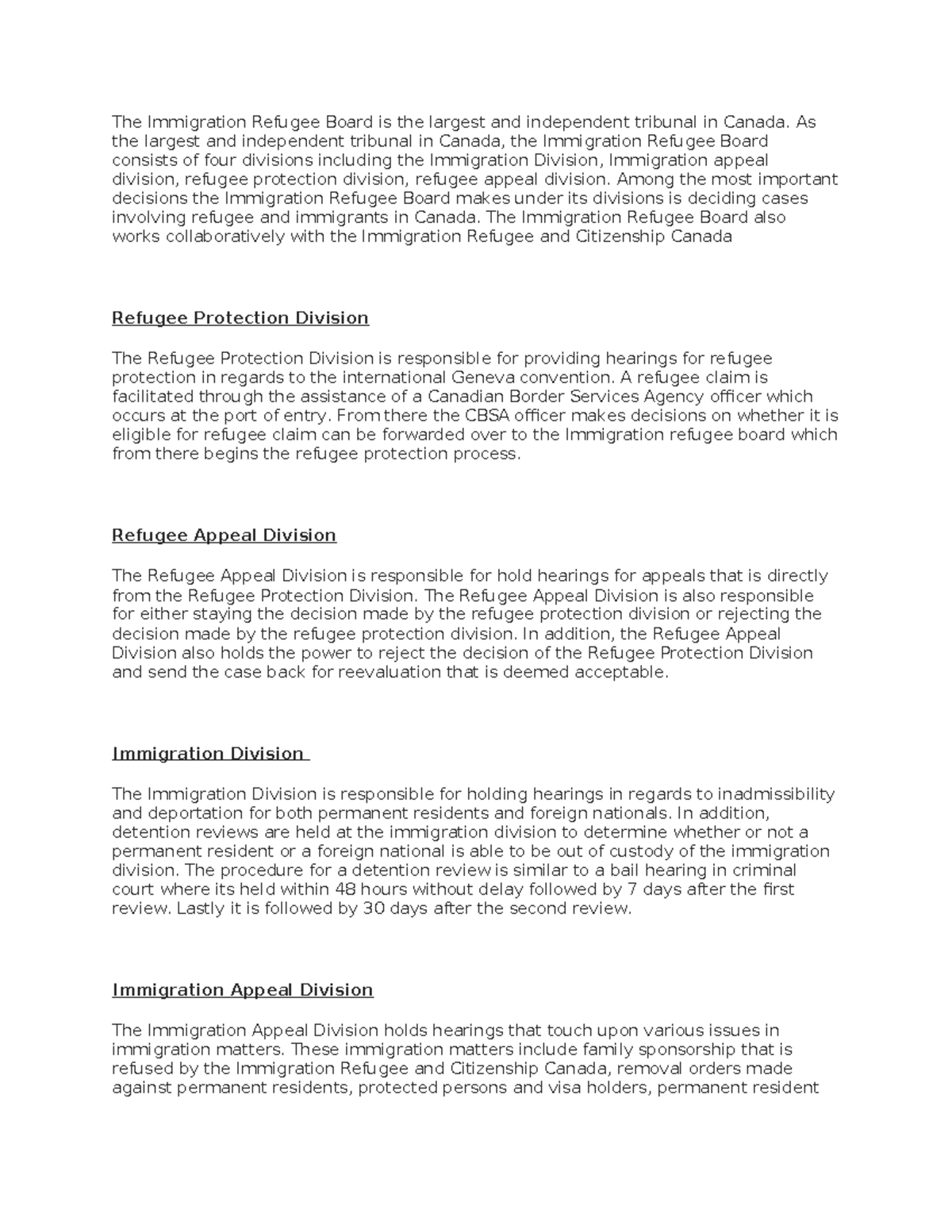 Divisions at IRB - The Immigration Refugee Board is the largest and ...