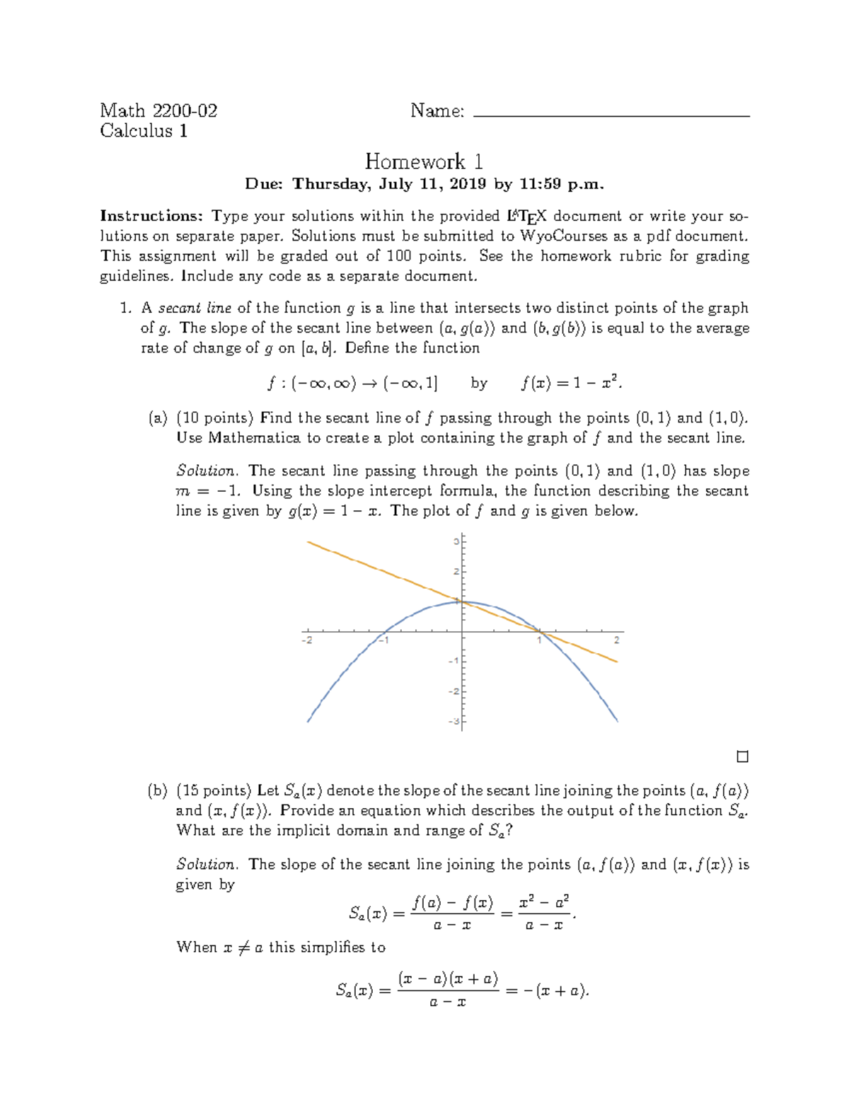 Hw1 Solutions - Summer 2019 Homework - Math 2200-02 Name: Calculus 1 ...