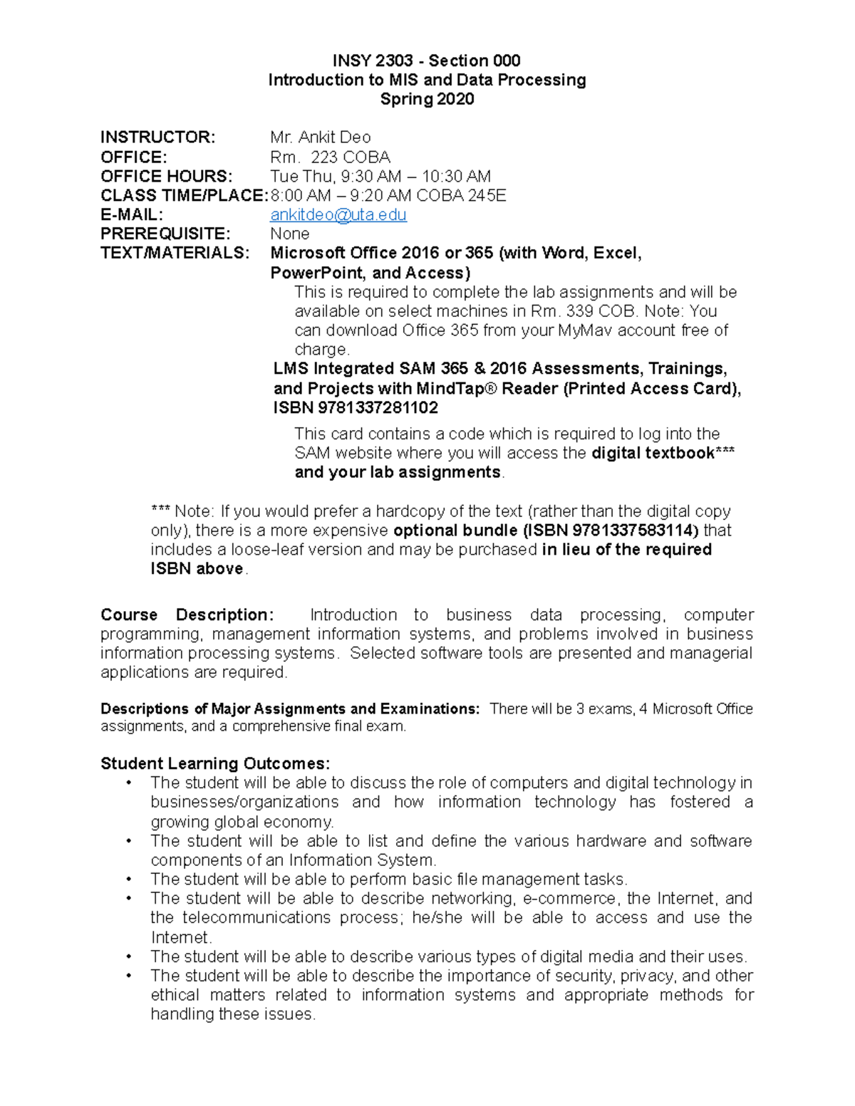 2020- Spring 2202-INSY-2303-006 - INSY 2303 - Section 000 Introduction to MIS and Data ...