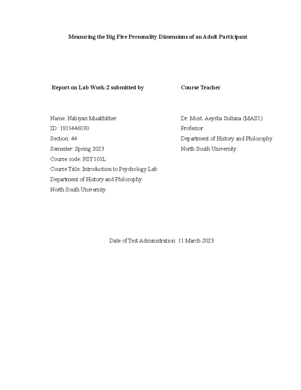 Nahiyan Muakhkher 1811446030 Lab Conduction Report, Big five ...
