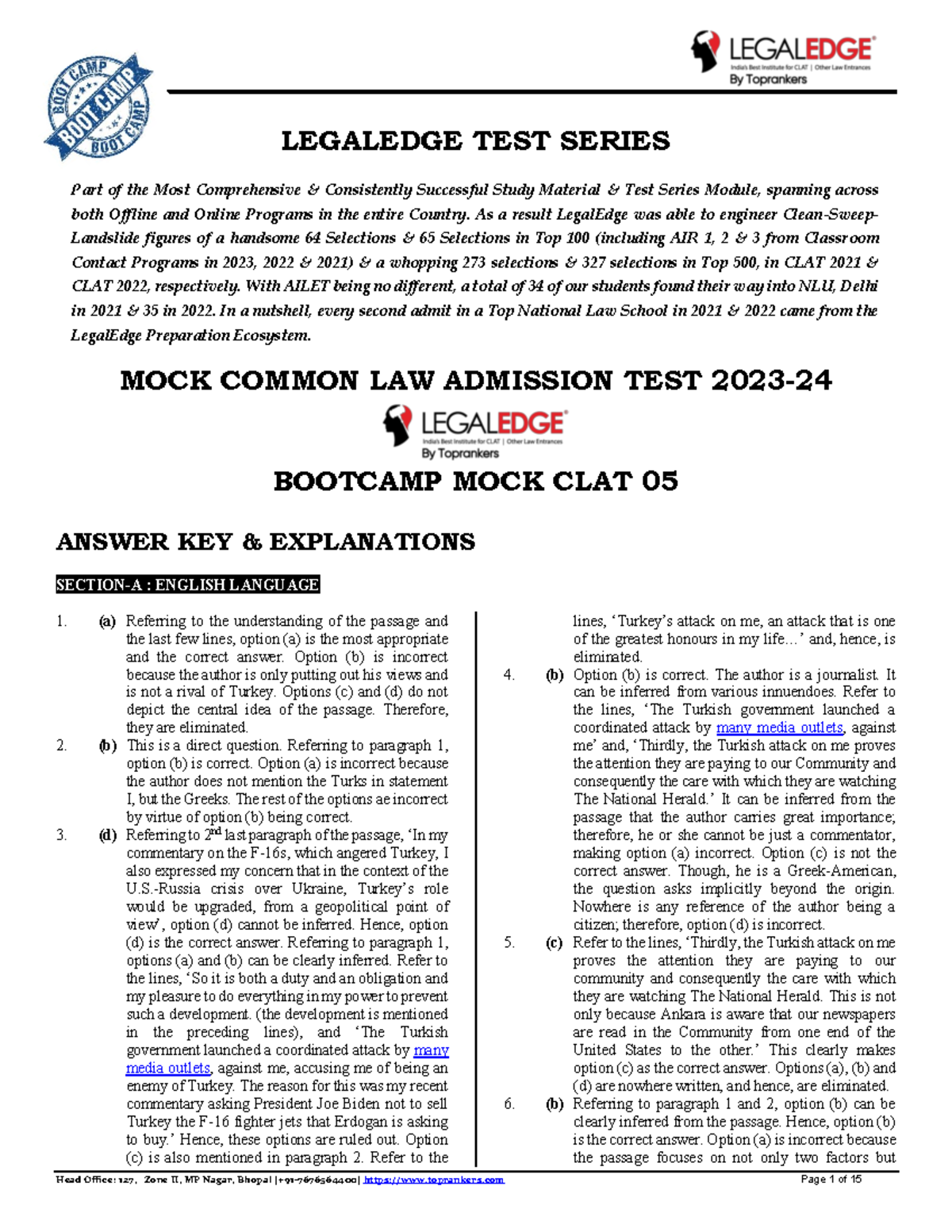 LE Bootcamp CLAT 5 SOL @cl mock - LEGALEDGE TEST SERIES Part of the ...