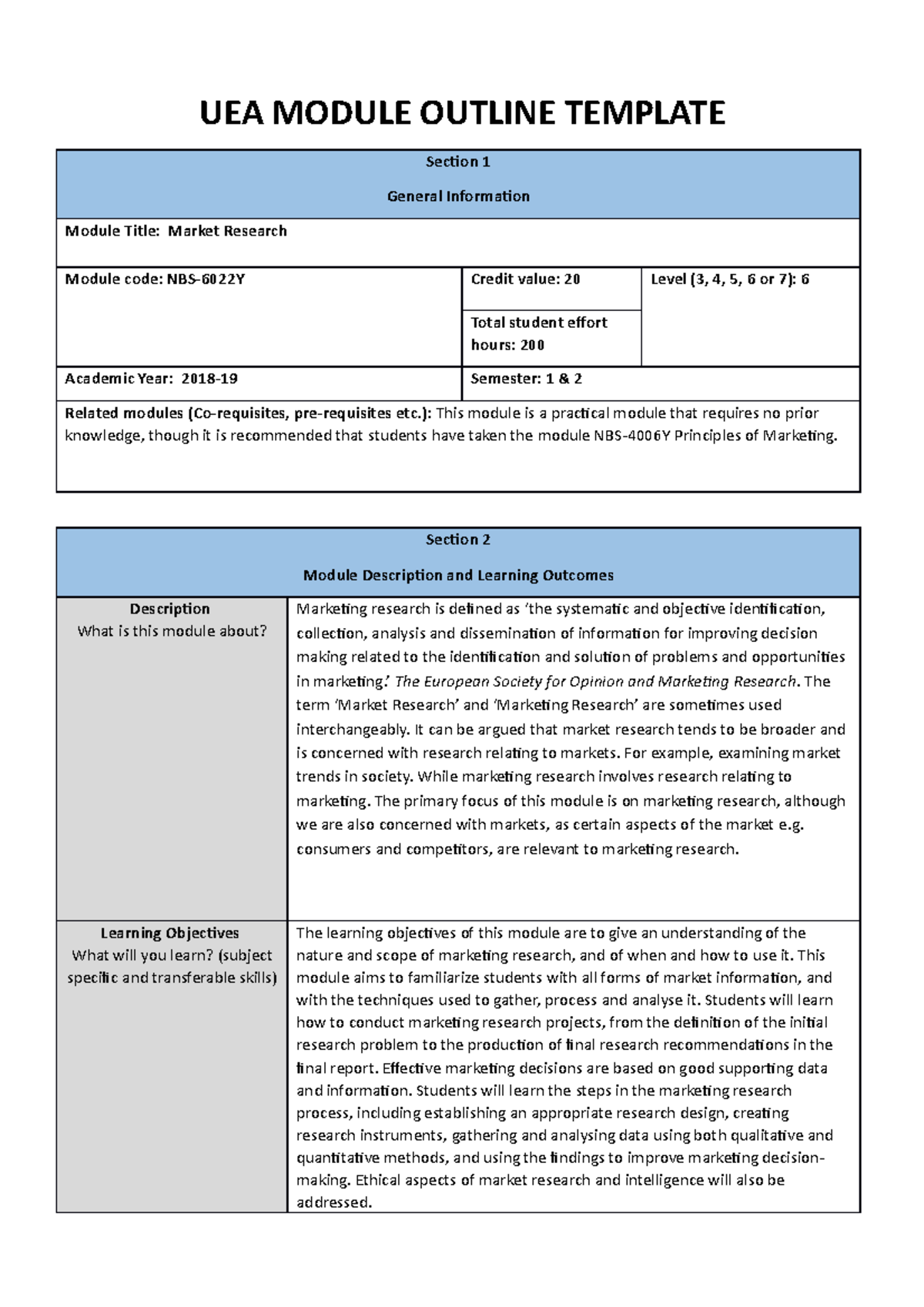 0. Module outline - UEA MODULE OUTLINE TEMPLATE Section 1 General ...