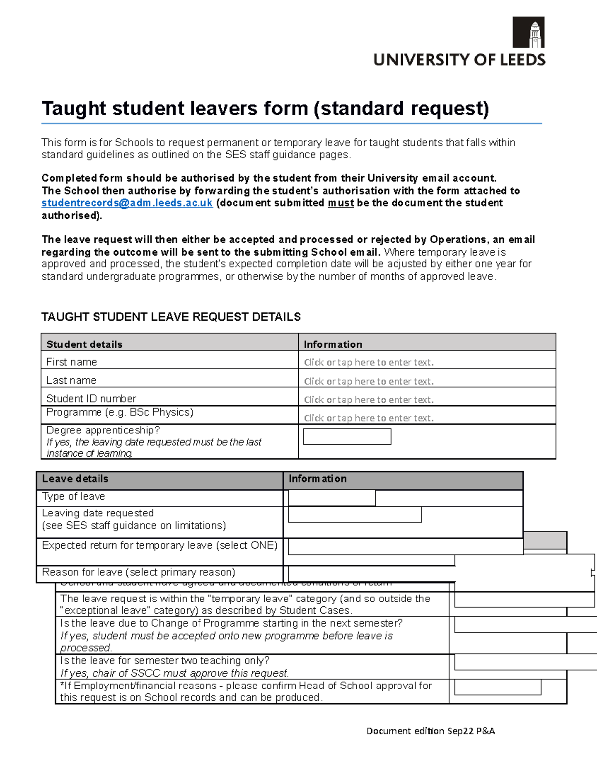 Taught Student Leavers Form Sep22 - Taught student leavers form ...