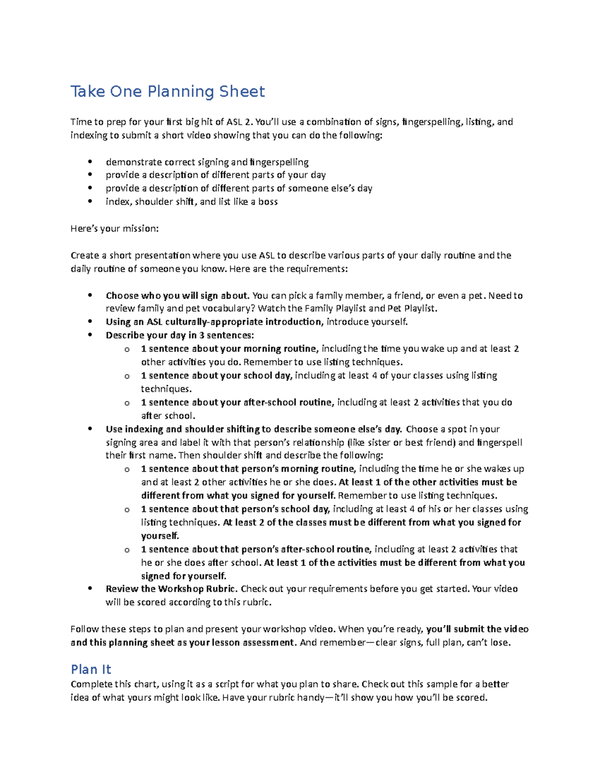 Planning sheet - Take One Planning Sheet Time to prep for your first ...