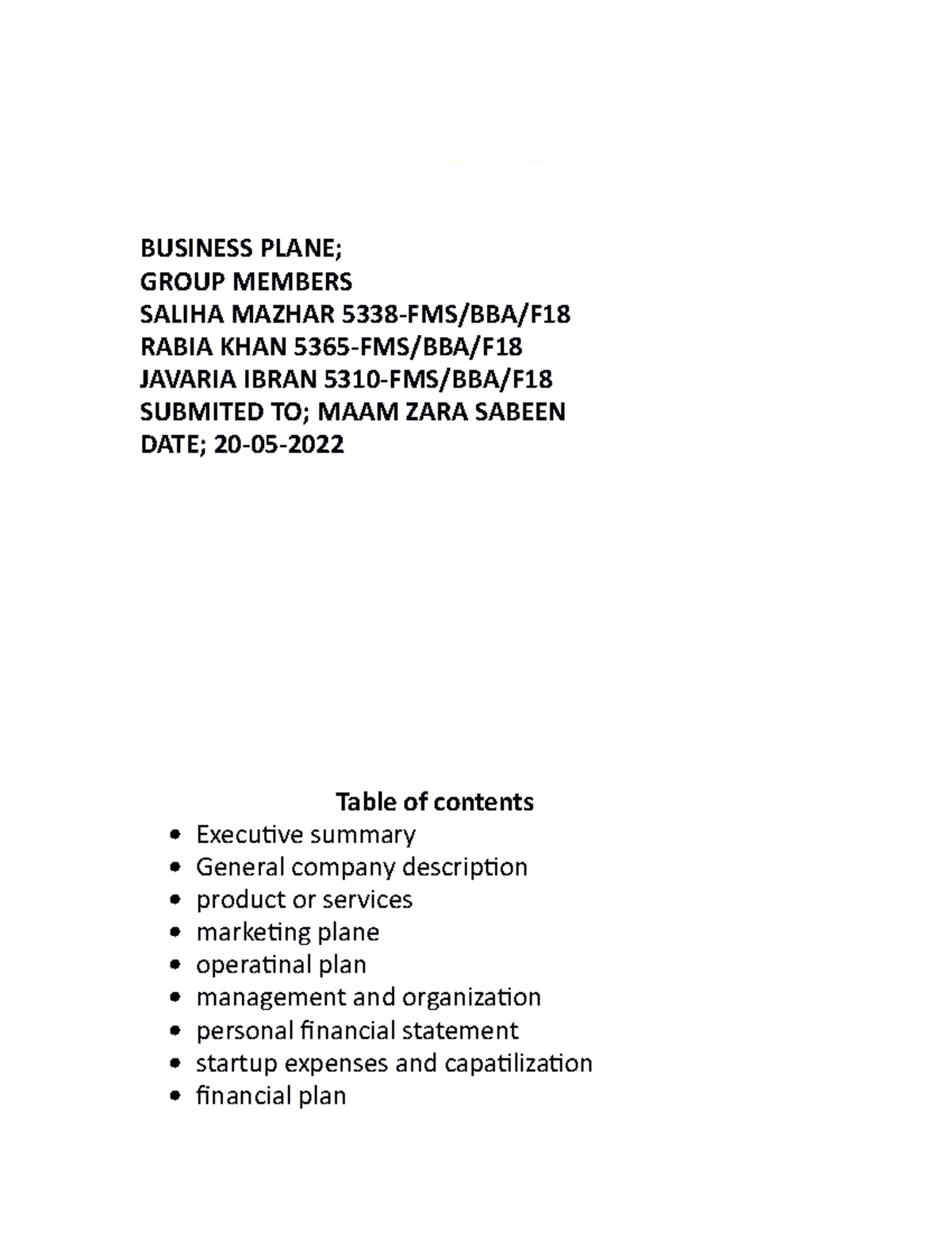 Buniess plan in management - BUSINESS PLANE; GROUP MEMBERS SALIHA ...