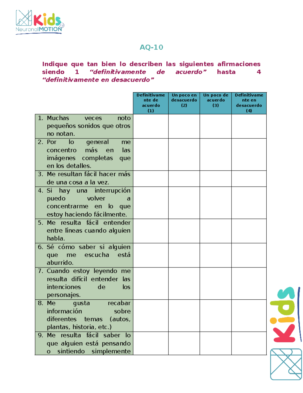 AQ-10 - Examen - AQ- Indique que tan bien lo describen las siguientes ...