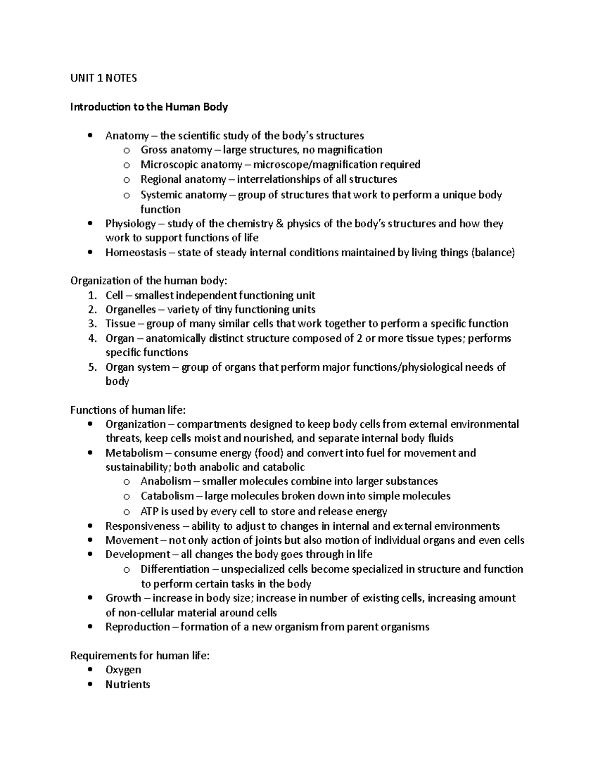 Unit 1 notes - UNIT 1 NOTES Introduction to the Human Body Anatomy ...