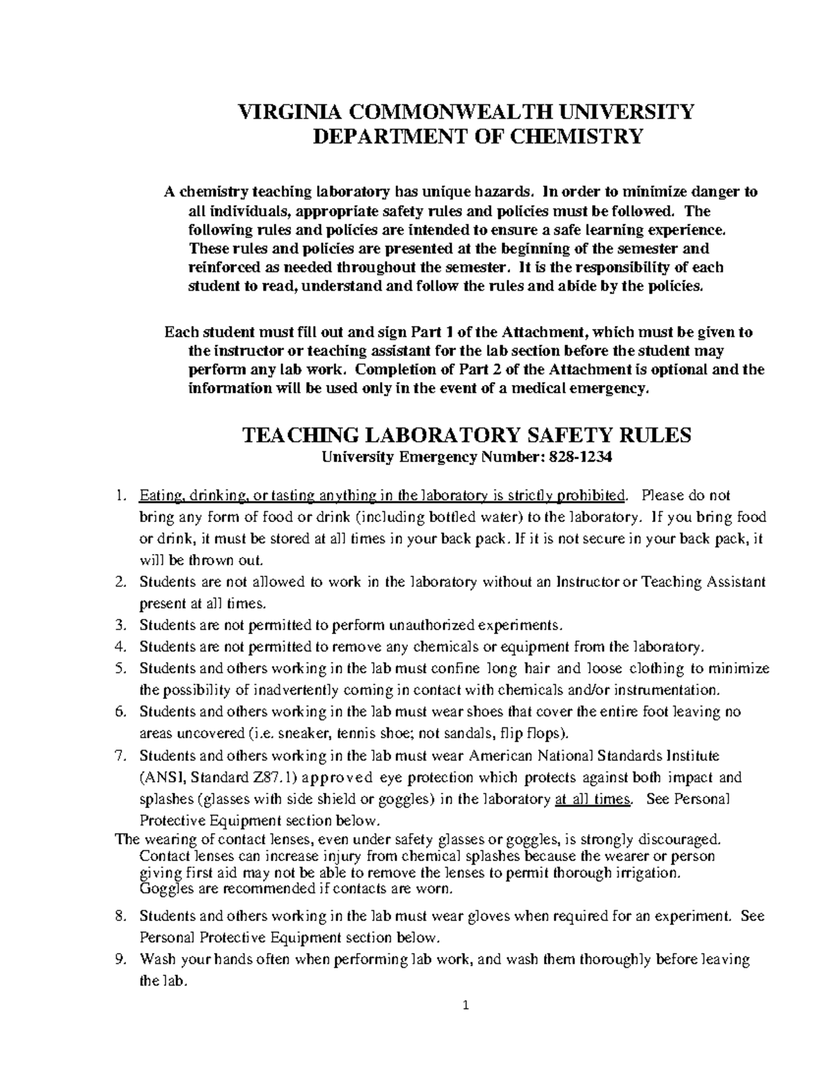Chem Dept Safety Rules - Lab Assignments - VIRGINIA COMMONWEALTH ...