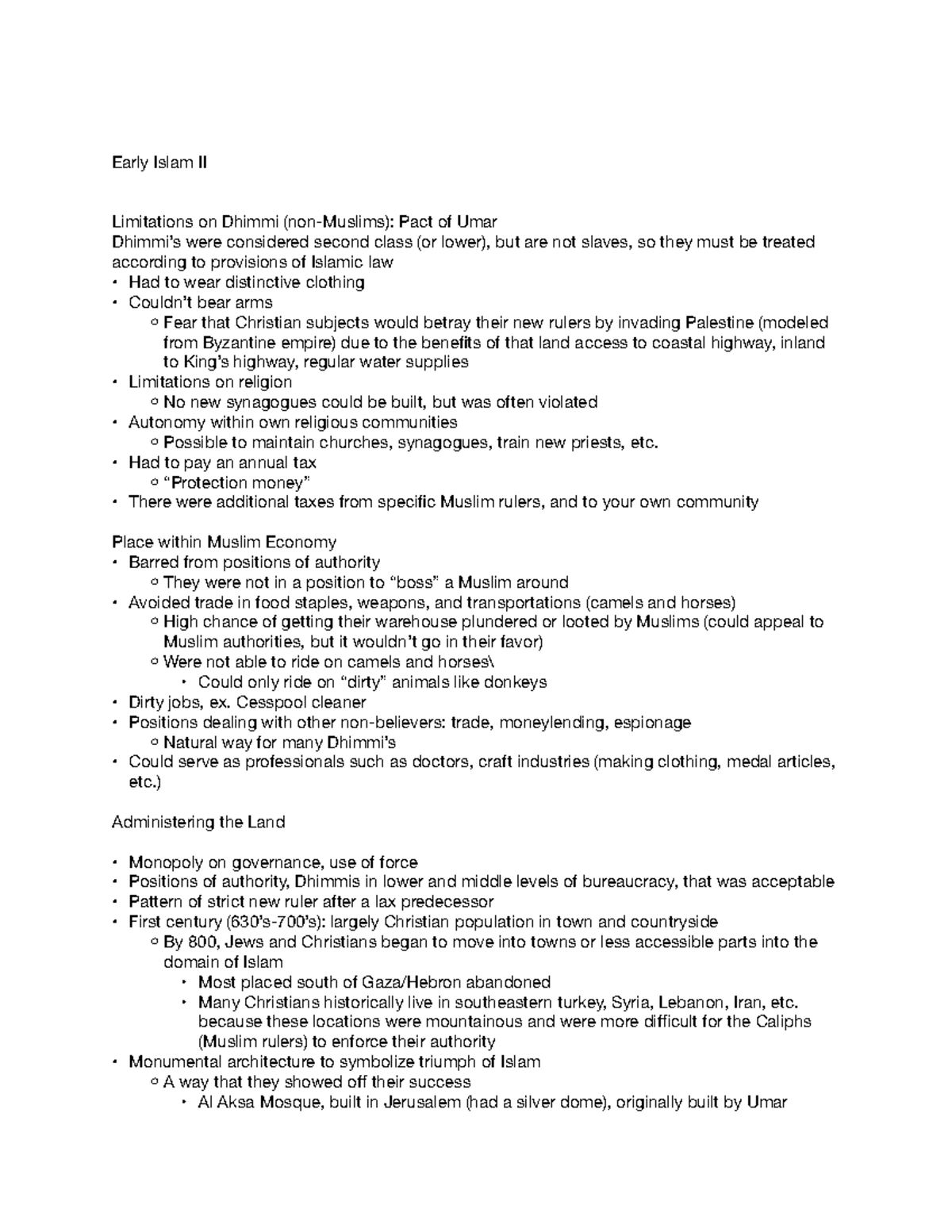 JUDS 217 Lecture Notes 10-5 - Early Islam II Limitations on Dhimmi Pact ...