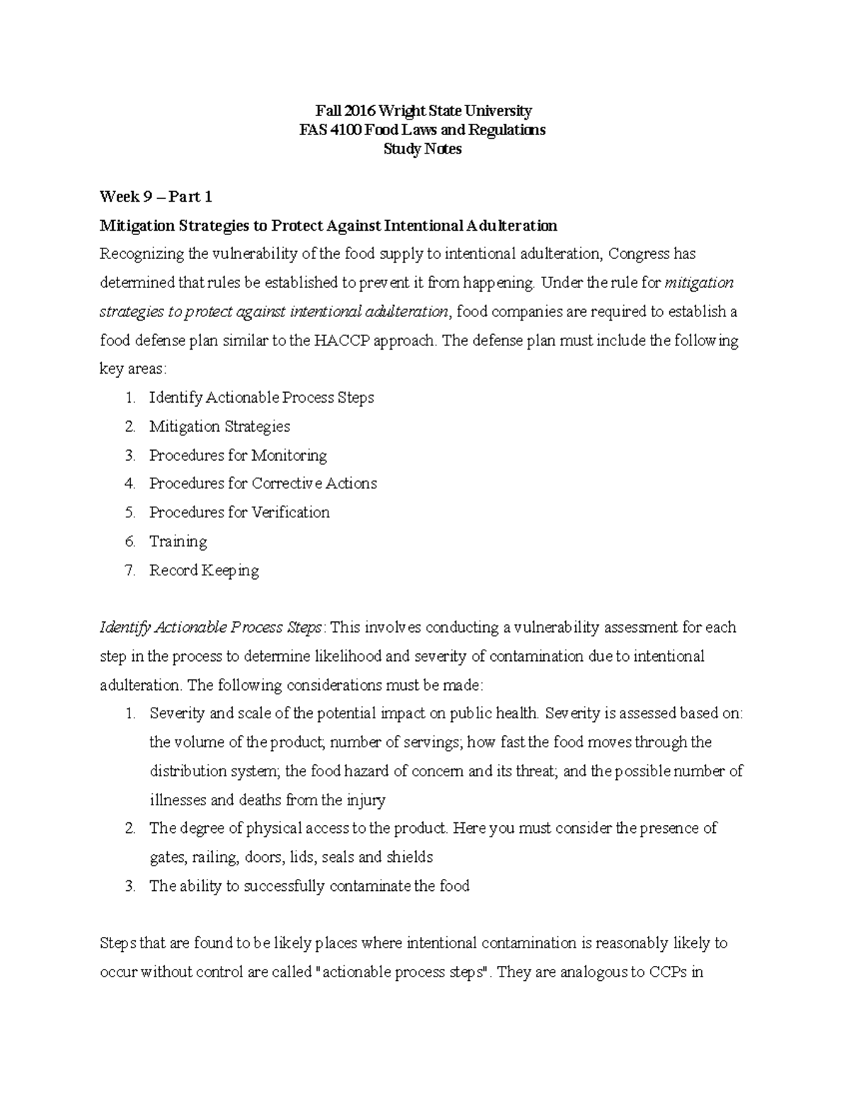 Fall 2016 FAS 4100 Food Laws and Regulations Study Notes Week 9 Part 1 ...