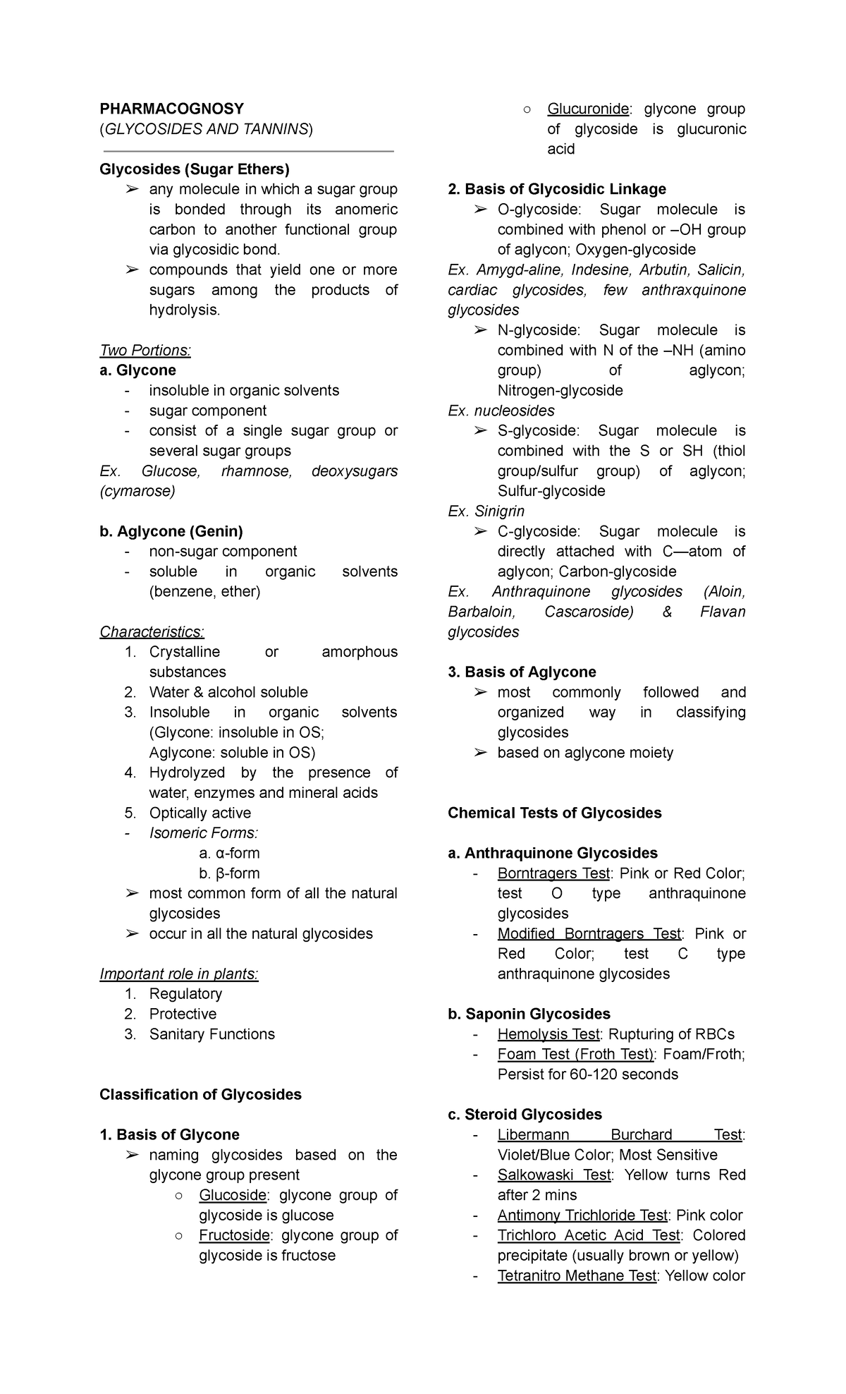 Pharmacognosy notes - REVIEWER - PHARMACOGNOSY (GLYCOSIDES AND TANNINS ...