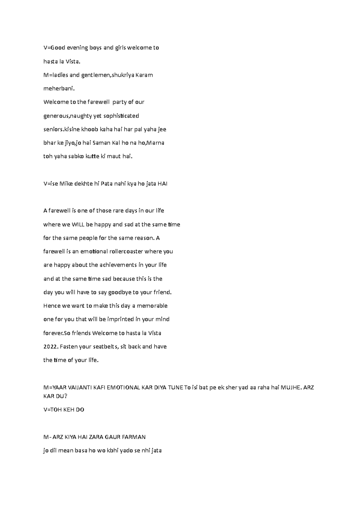 Farewell Script - Abcd - V=Good evening boys and girls welcome to hasta ...