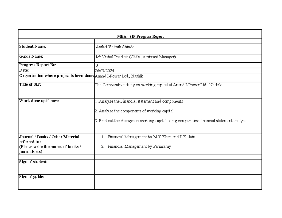 SIP Progress Report Format - MBA - SIP Progress Report Student Name: Aniket Valmik Shinde Guide ...