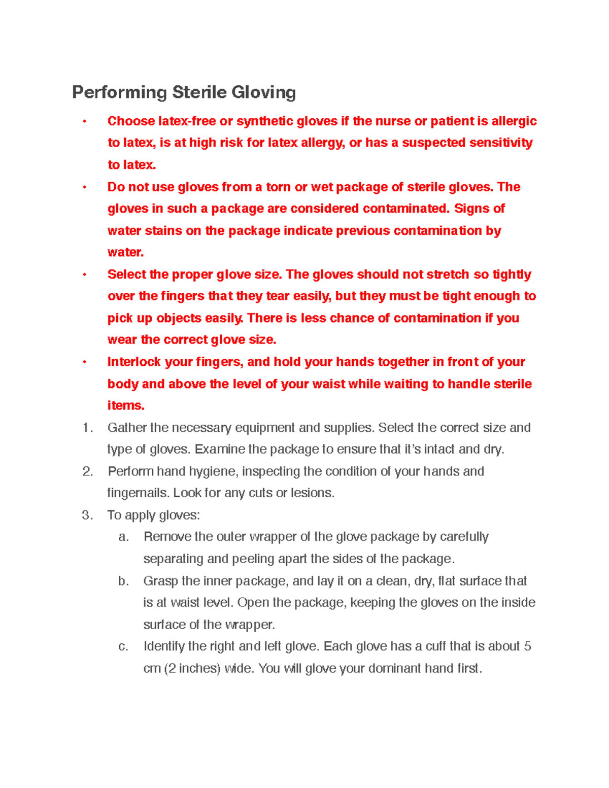 Sterile Gloving - Lecture notes 1 - Performing Sterile Gloving - Choose ...