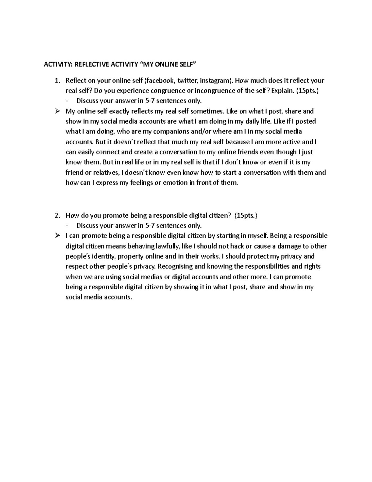 Thself Reflective self - ACTIVITY: REFLECTIVE ACTIVITY “MY ONLINE SELF ...