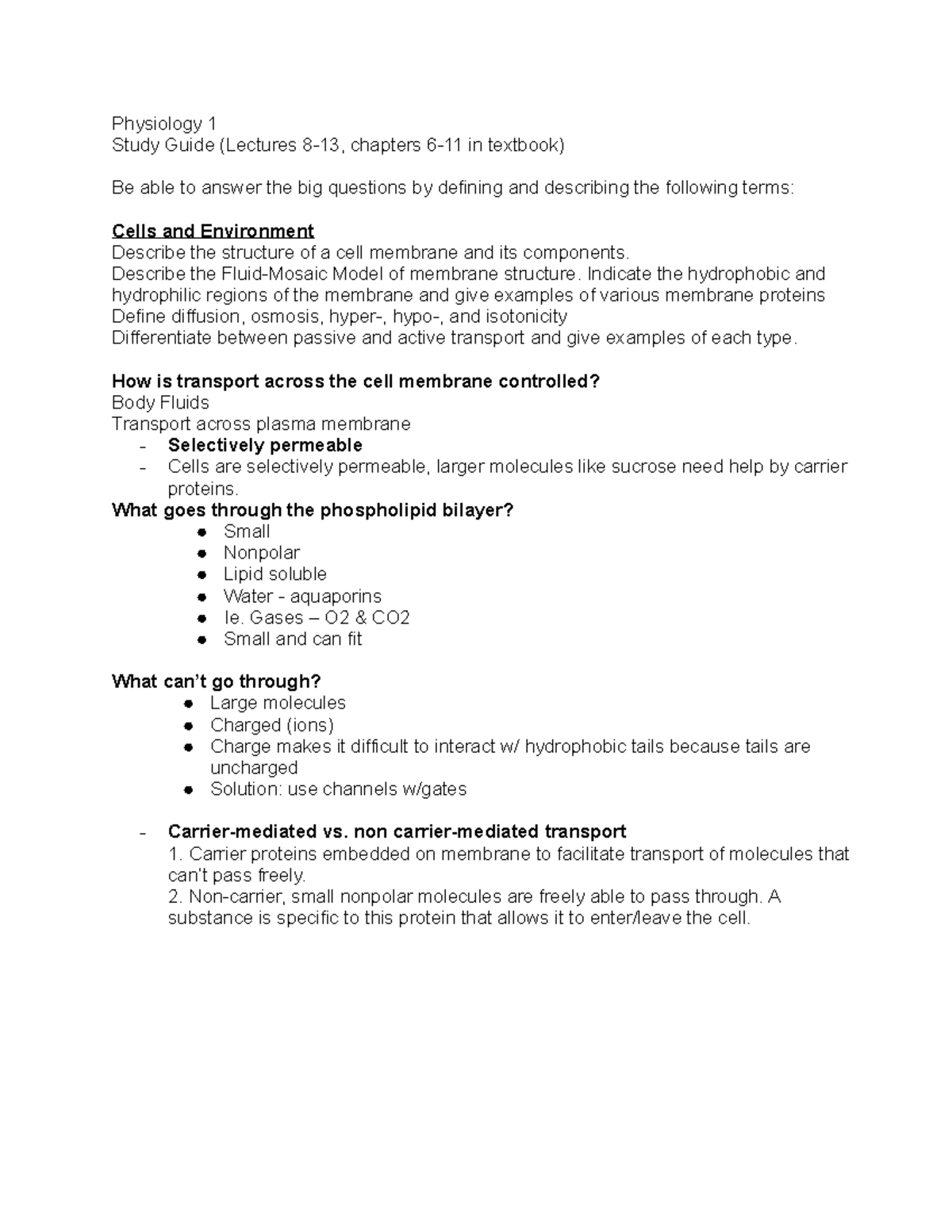 Physio Study Guide Exam 2 - Physiology 1 Study Guide (Lectures 8-13 ...