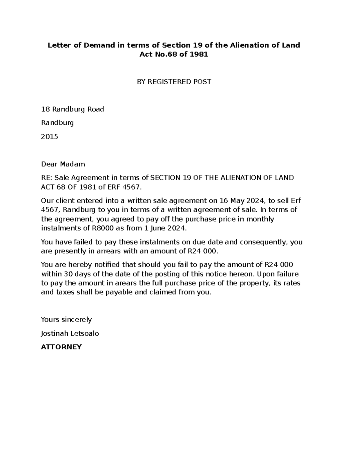 Letter OF Demand SEC 19 OF LAND ACT - Magistrates - Letter of Demand in ...