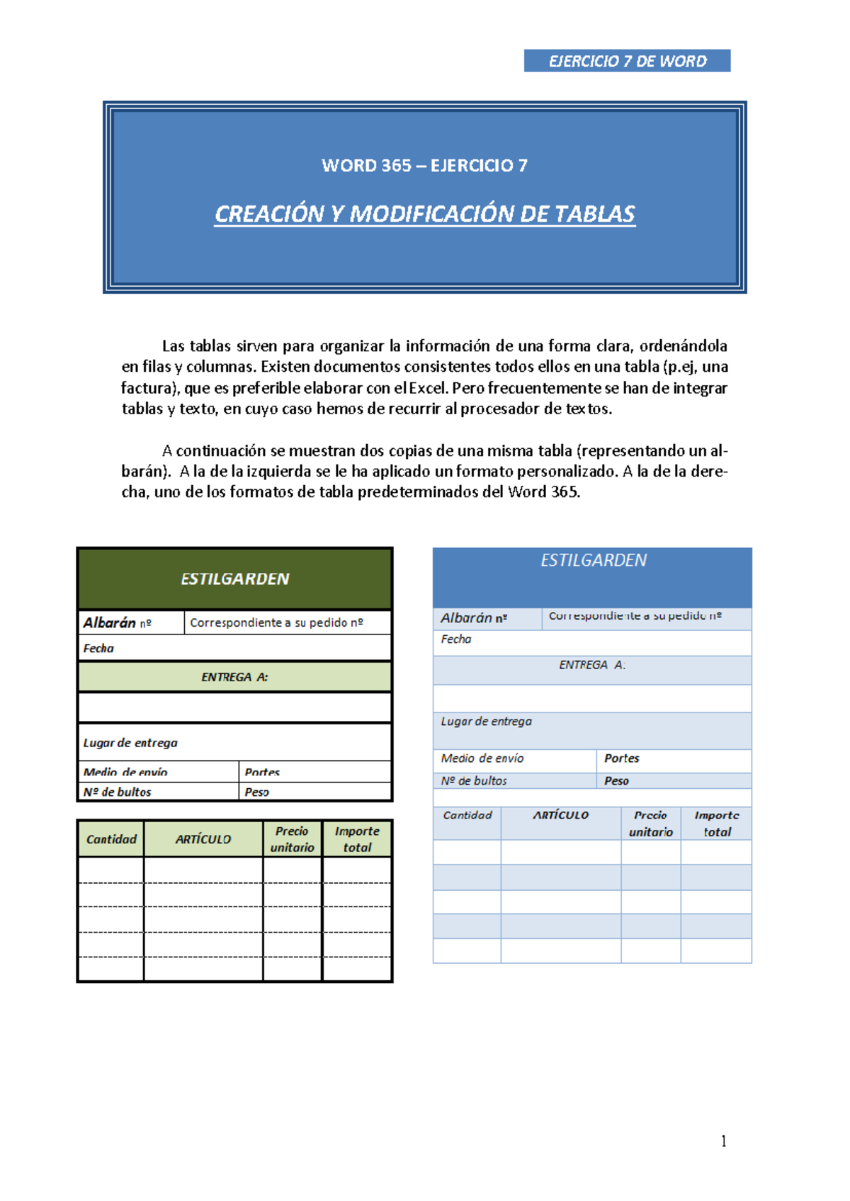 007) Tablas - Practicas Word - WORD 365 – EJERCICIO 7 CREACIÓN Y ...