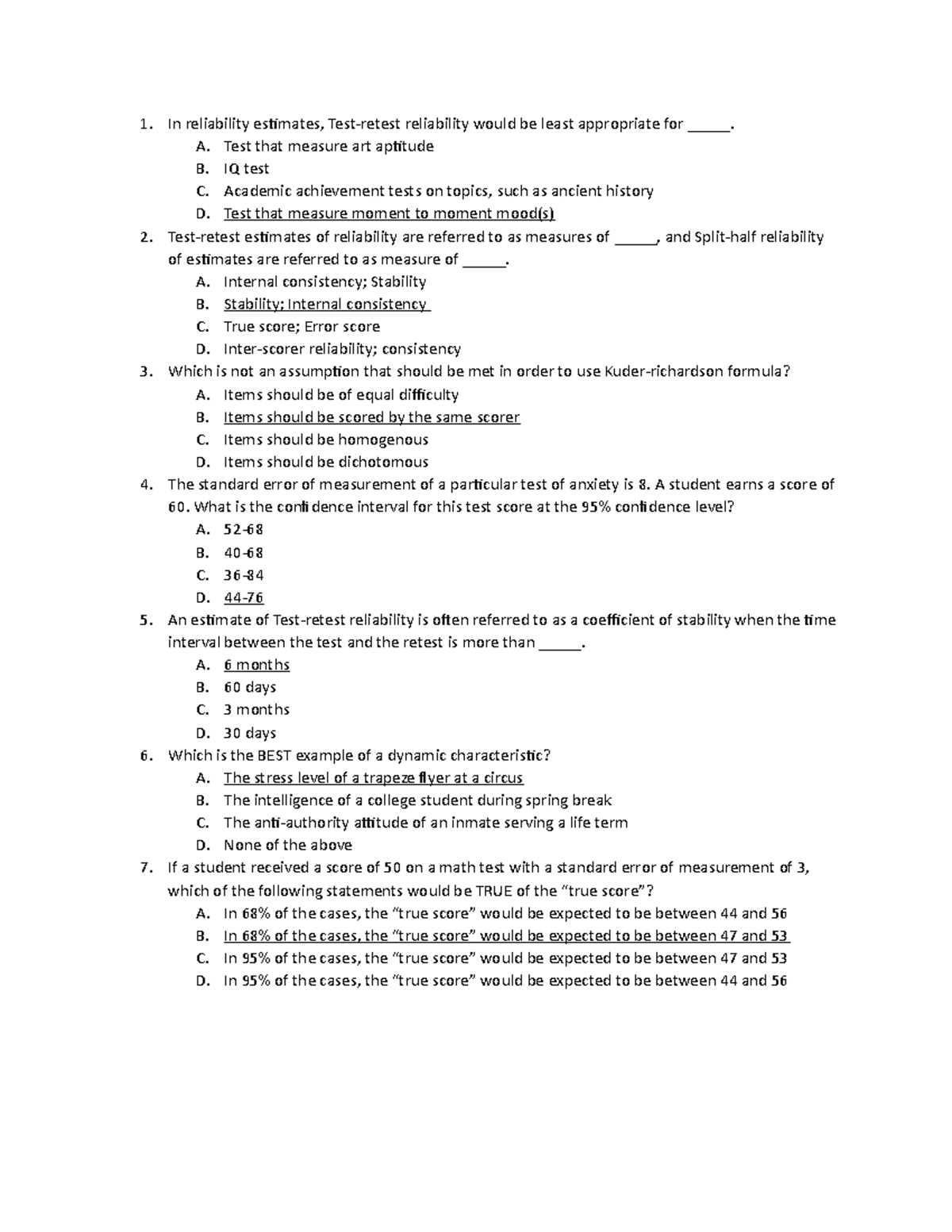 Reliability Quiz - Sample Quiz - In reliability estimates, Test-retest ...