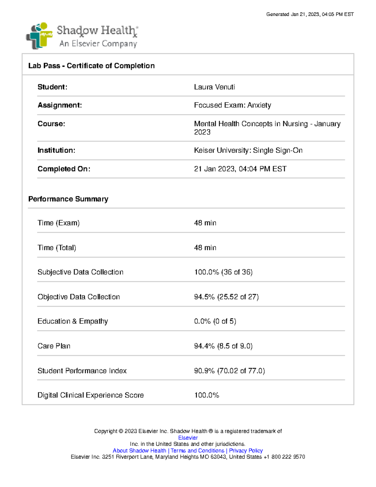 shadow health report - Generated Jan 21, 2023, 04:05 PM EST Lab Pass ...