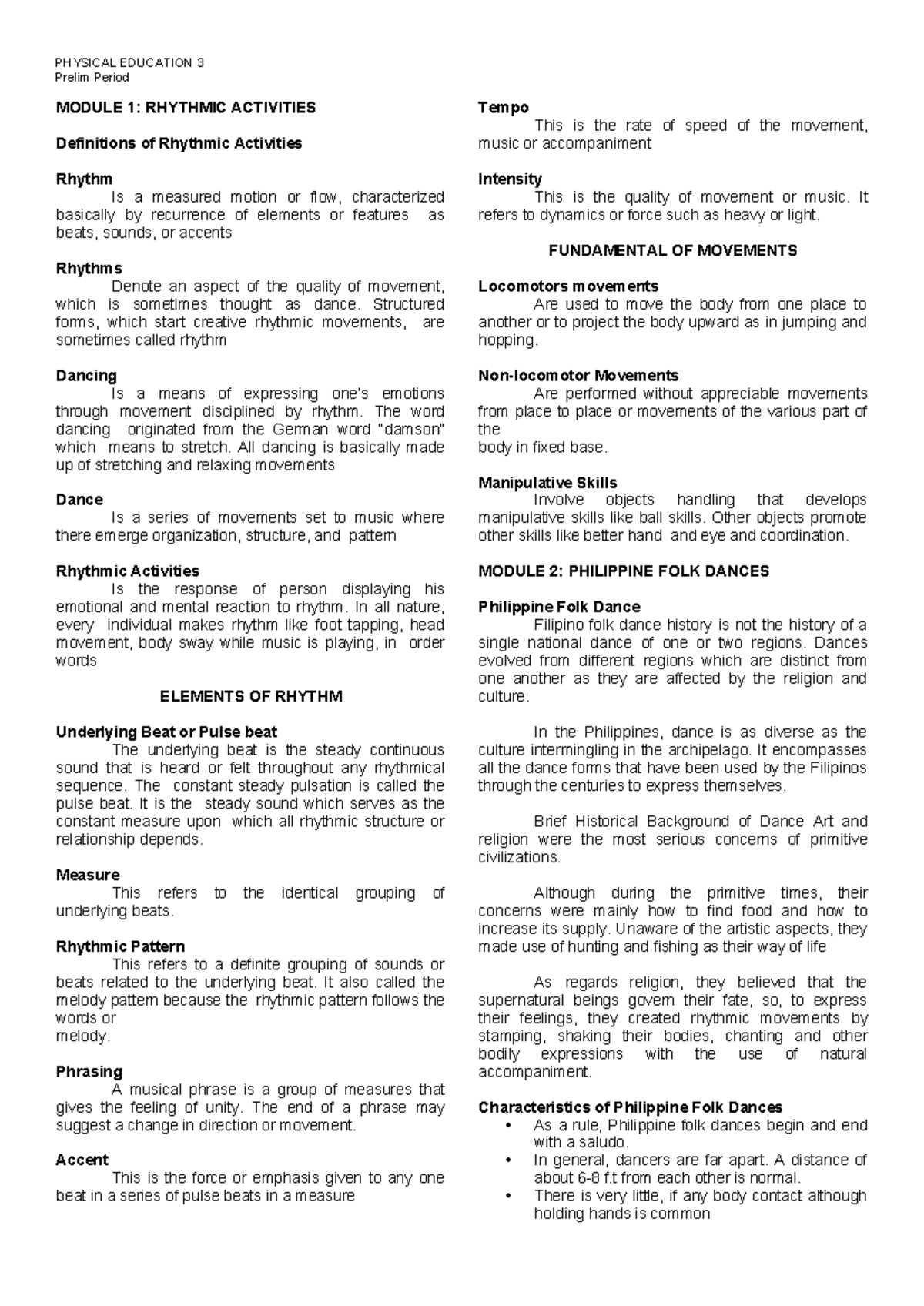 Pe-reviewer - Prelim Period MODULE 1: RHYTHMIC ACTIVITIES Definitions of Rhythmic Activities ...