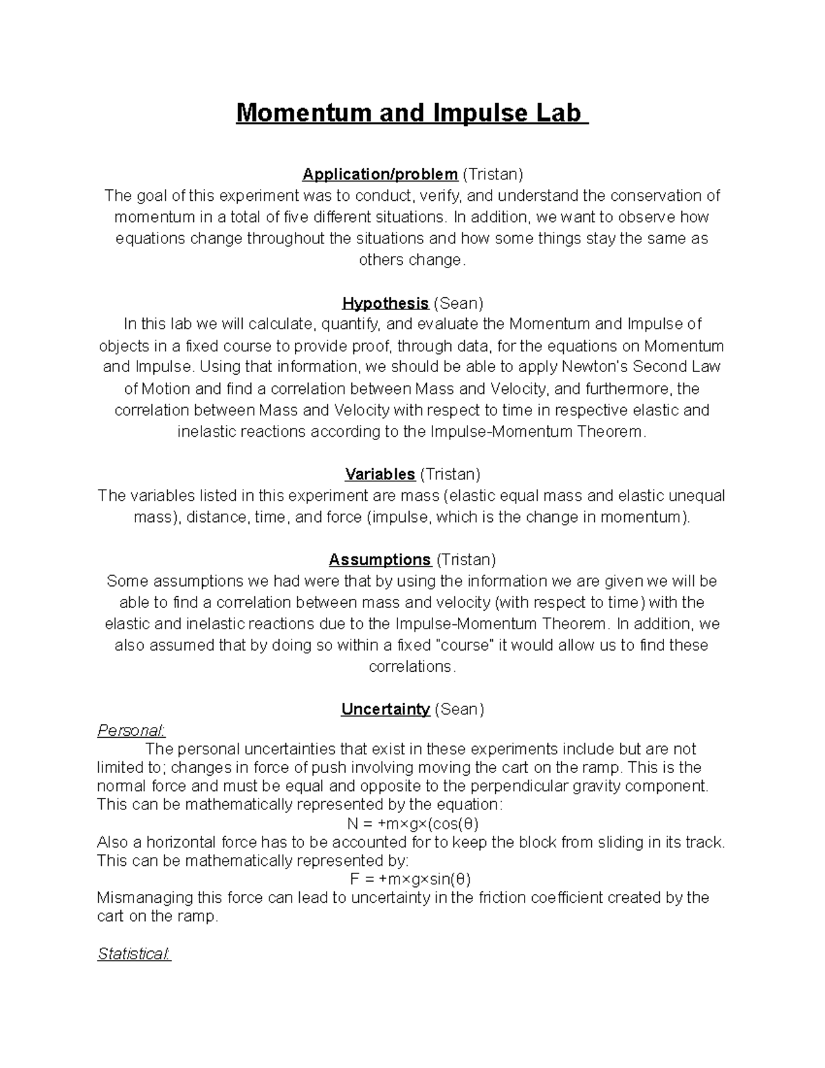 Momentum Lab - Lab Report - Momentum and Impulse Lab Application ...
