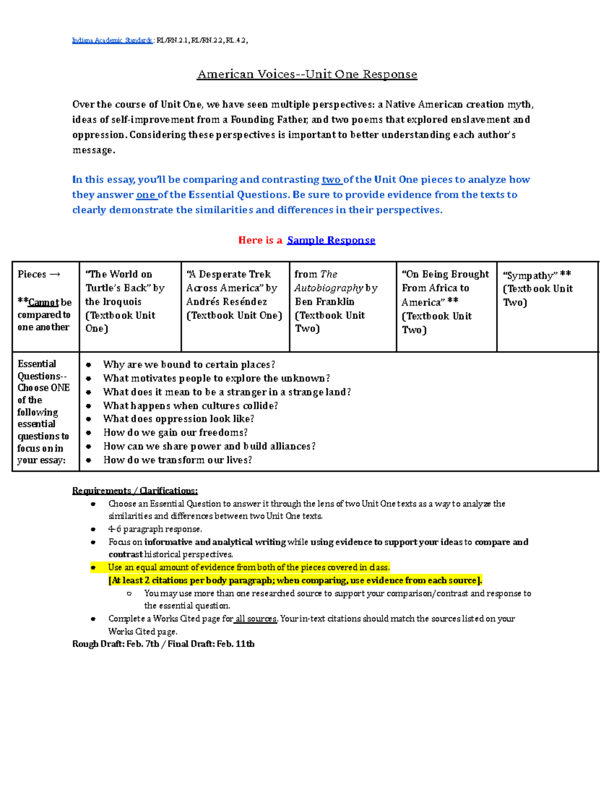 American Voices Response-Unit One-American Literature - Indiana ...