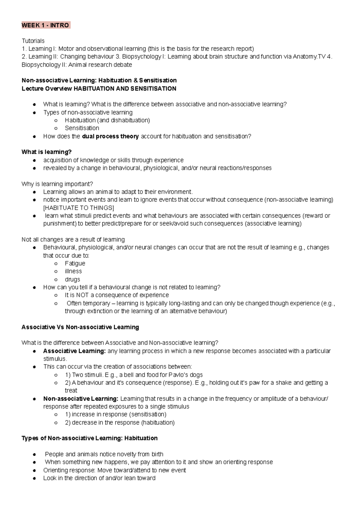 Bio psych lec notes - WEEK 1 - INTRO Tutorials Learning I: Motor and ...