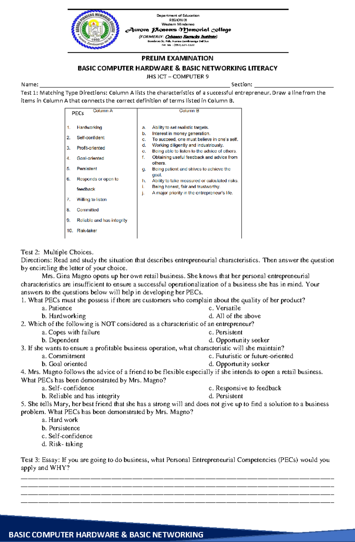 Prelim Exam 1st quarter with TOS - Technology and Livelihood Education - ICT BASIC COMPUTER ...