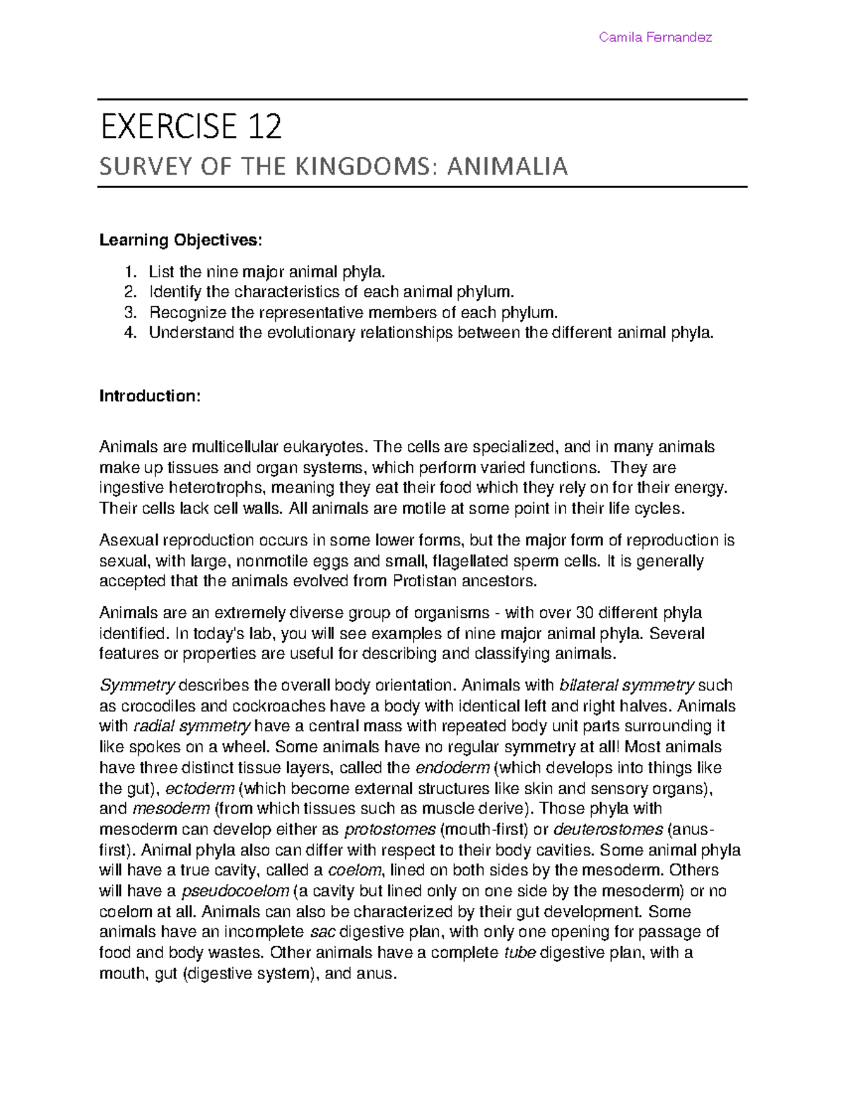 LM EX12 Animals - EXERCISE 12 SURVEY OF THE KINGDOMS: ANIMALIA Learning ...